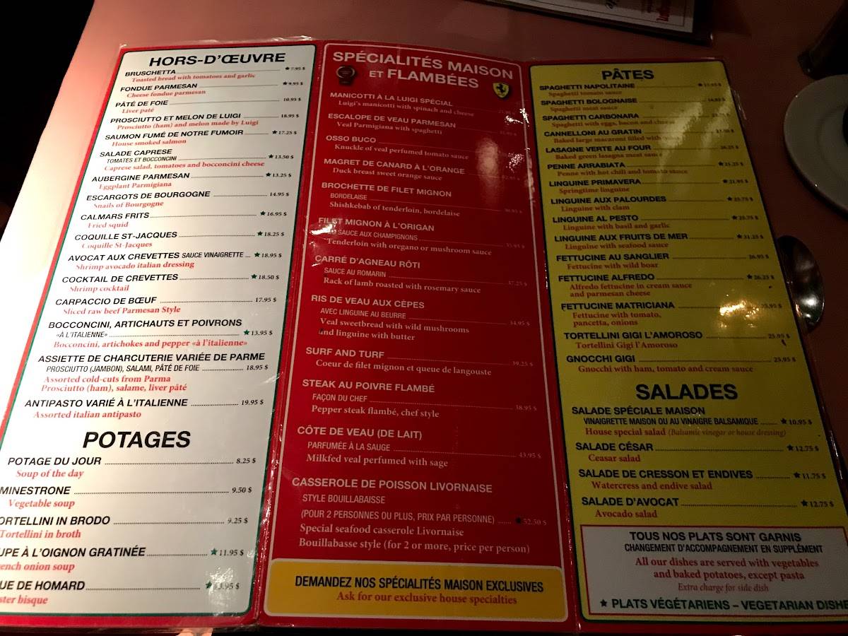 Menu au Restaurant Parmesan, Québec
