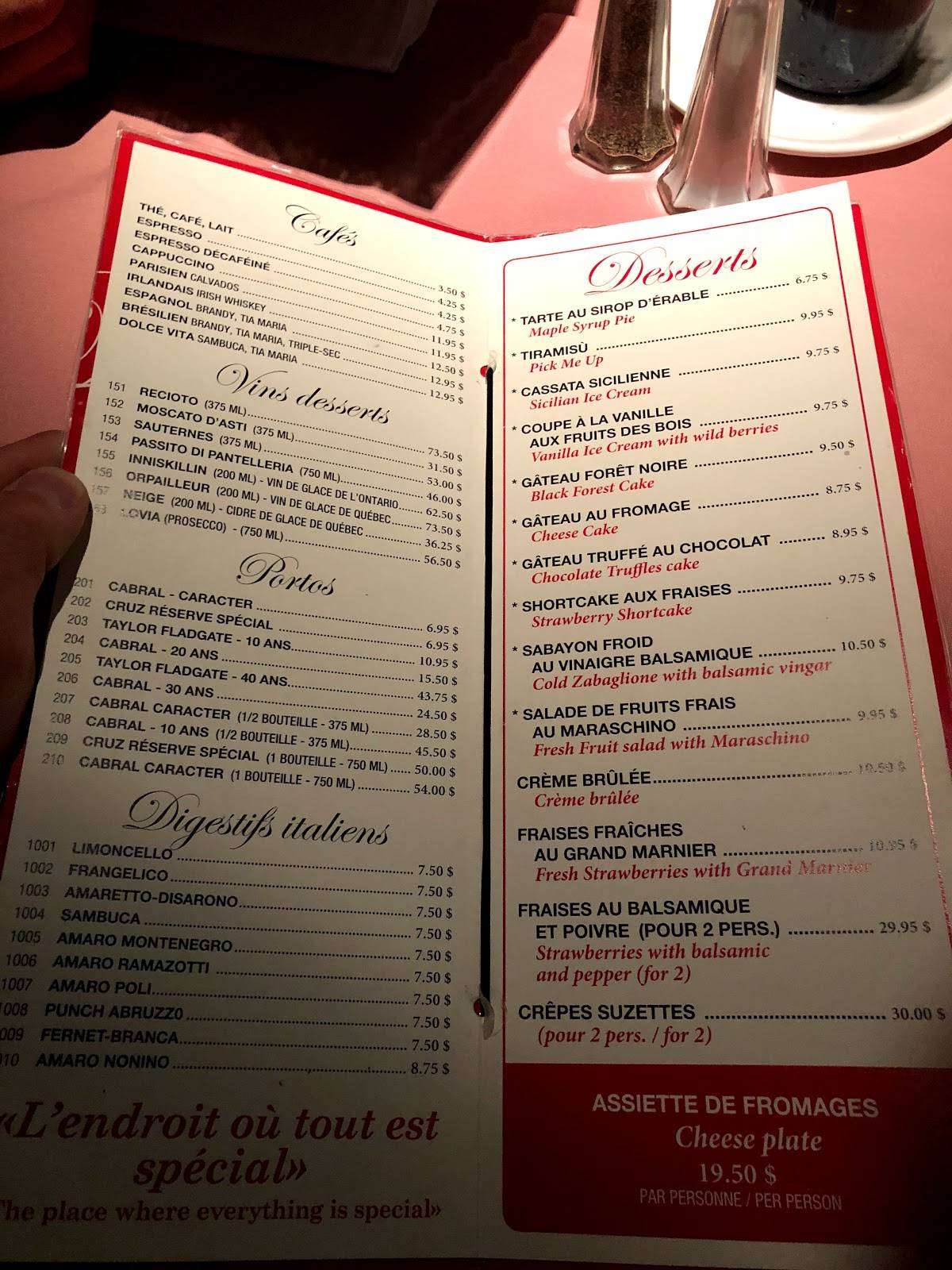 Menu au Restaurant Parmesan, Québec