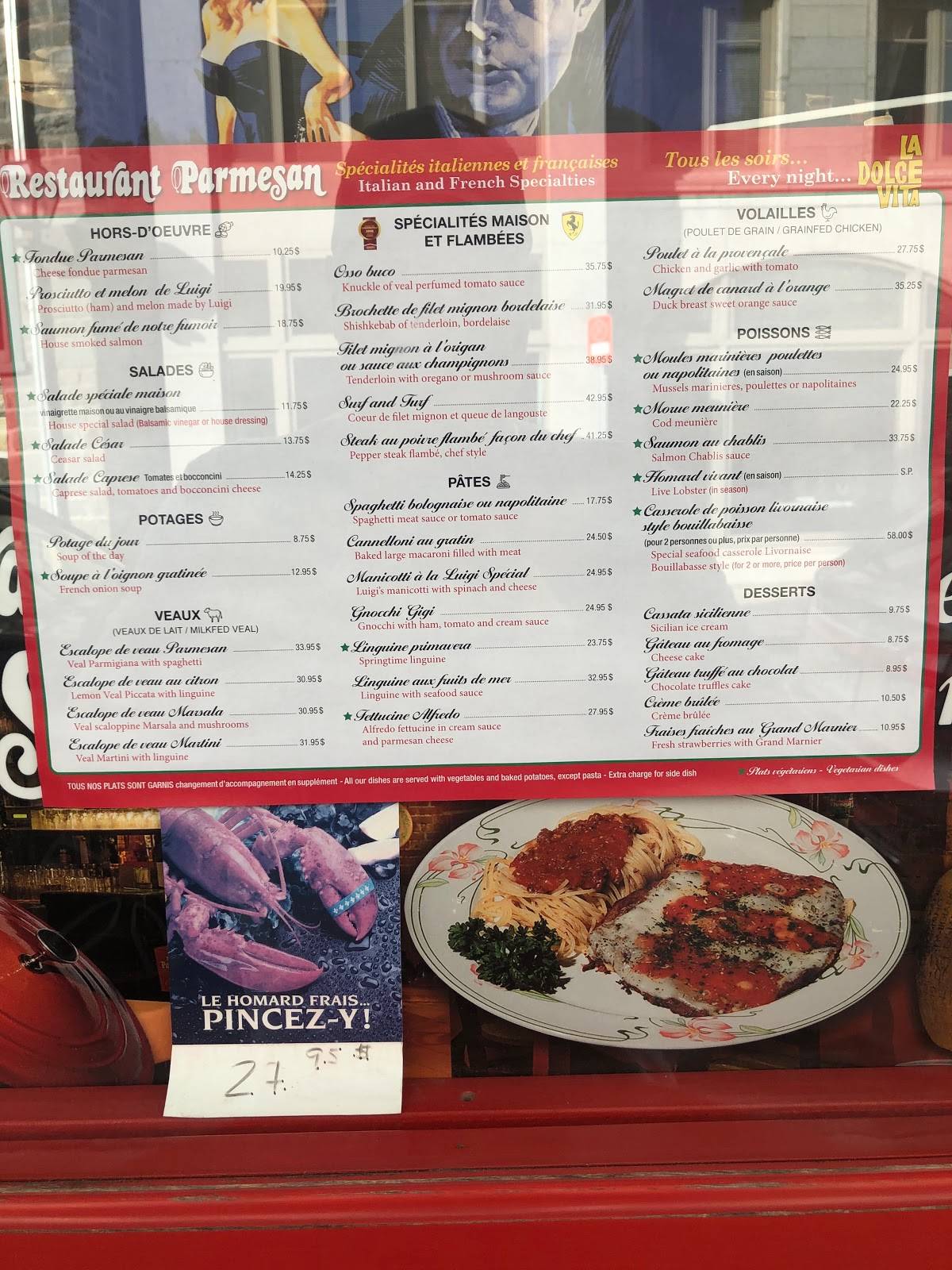 Menu au Restaurant Parmesan, Québec
