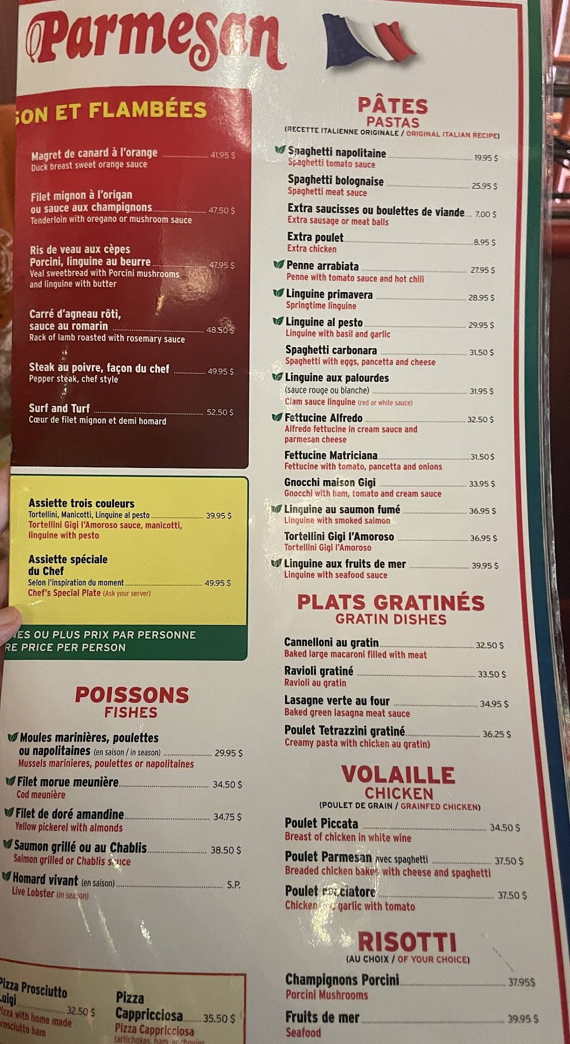 Menu at Parmesan Restaurant, Québec City