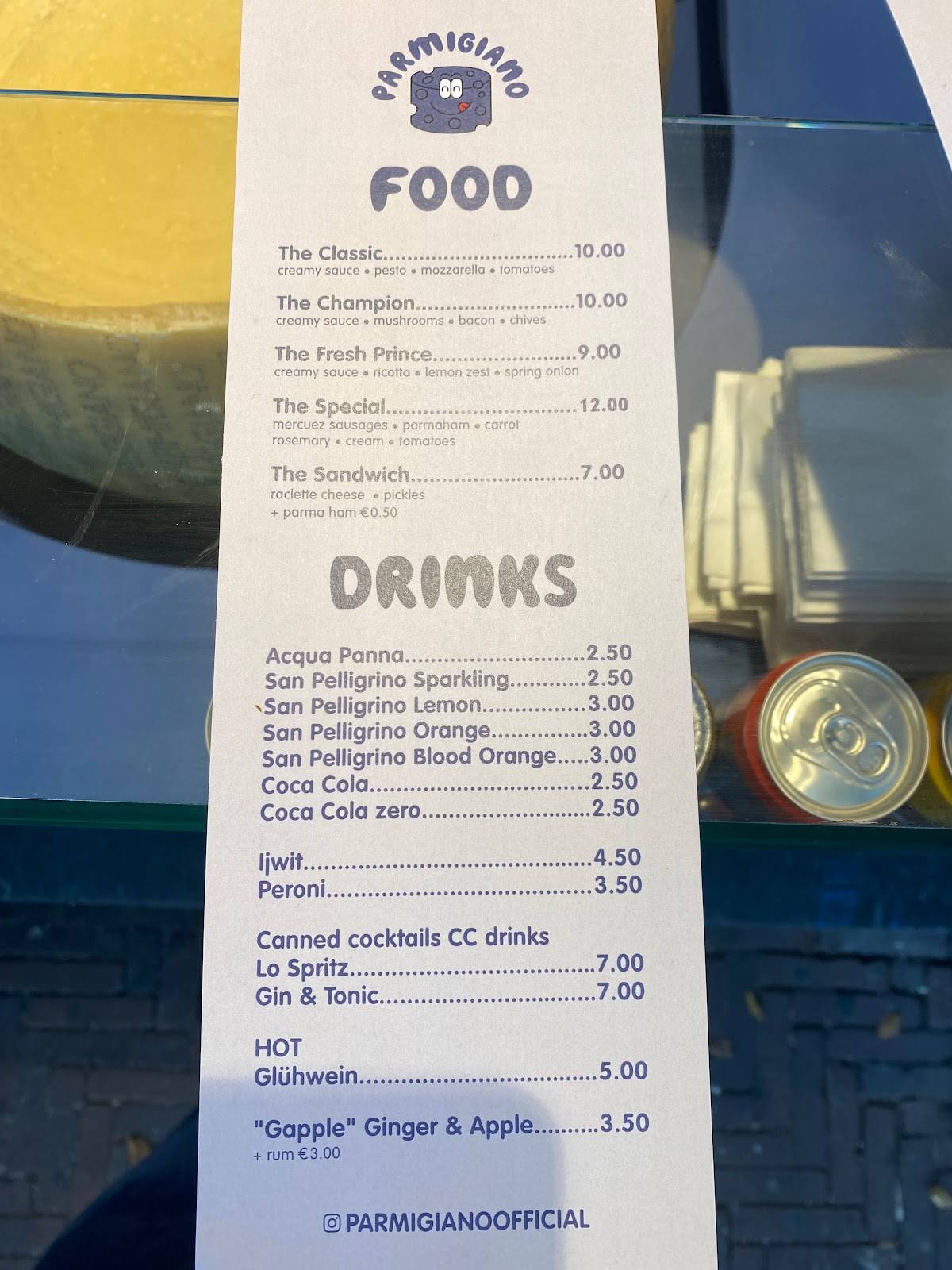 Menu at Parmigiano, Amsterdam