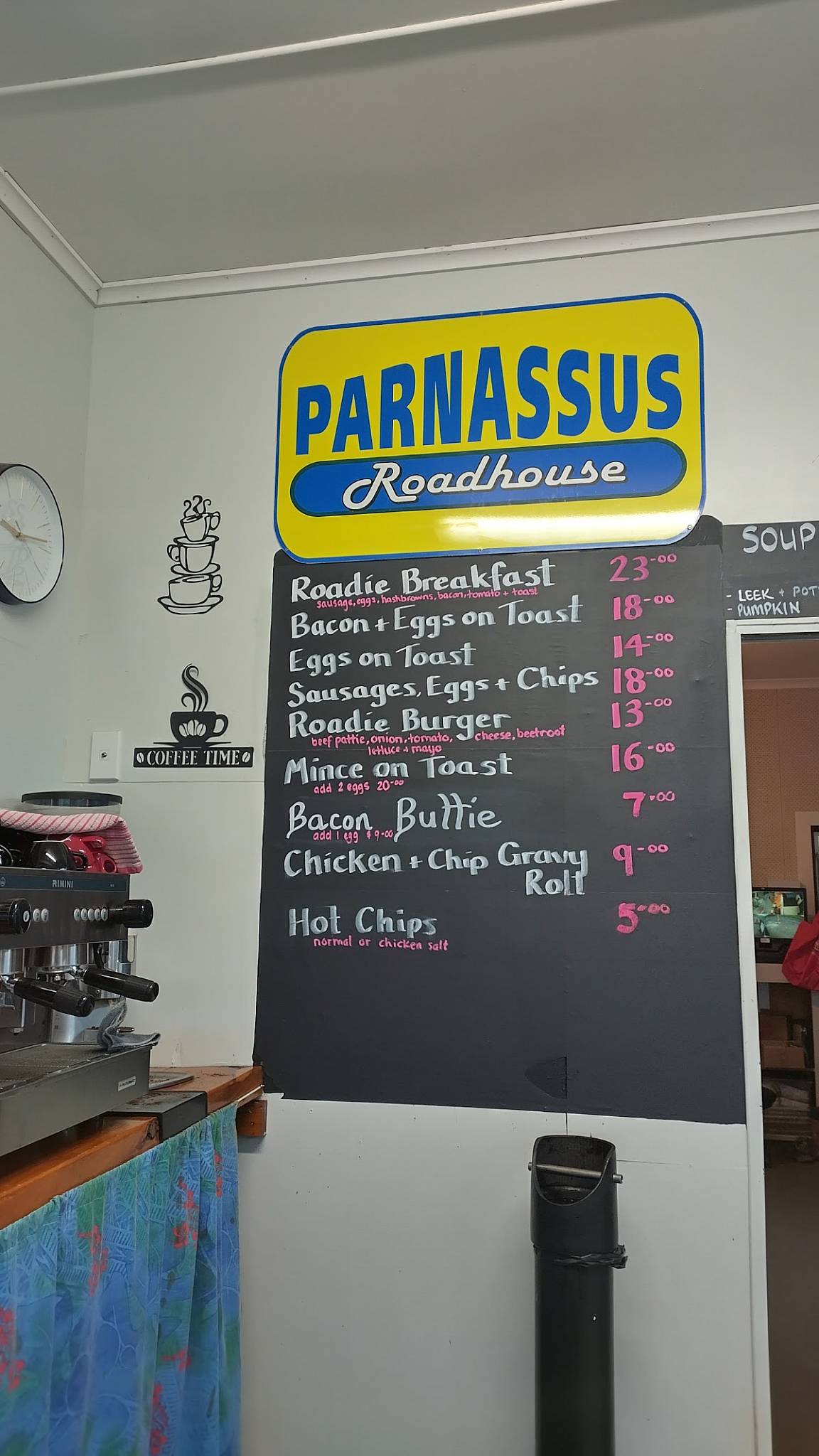 Menu at Parnassus Roadhouse cafe, Cheviot
