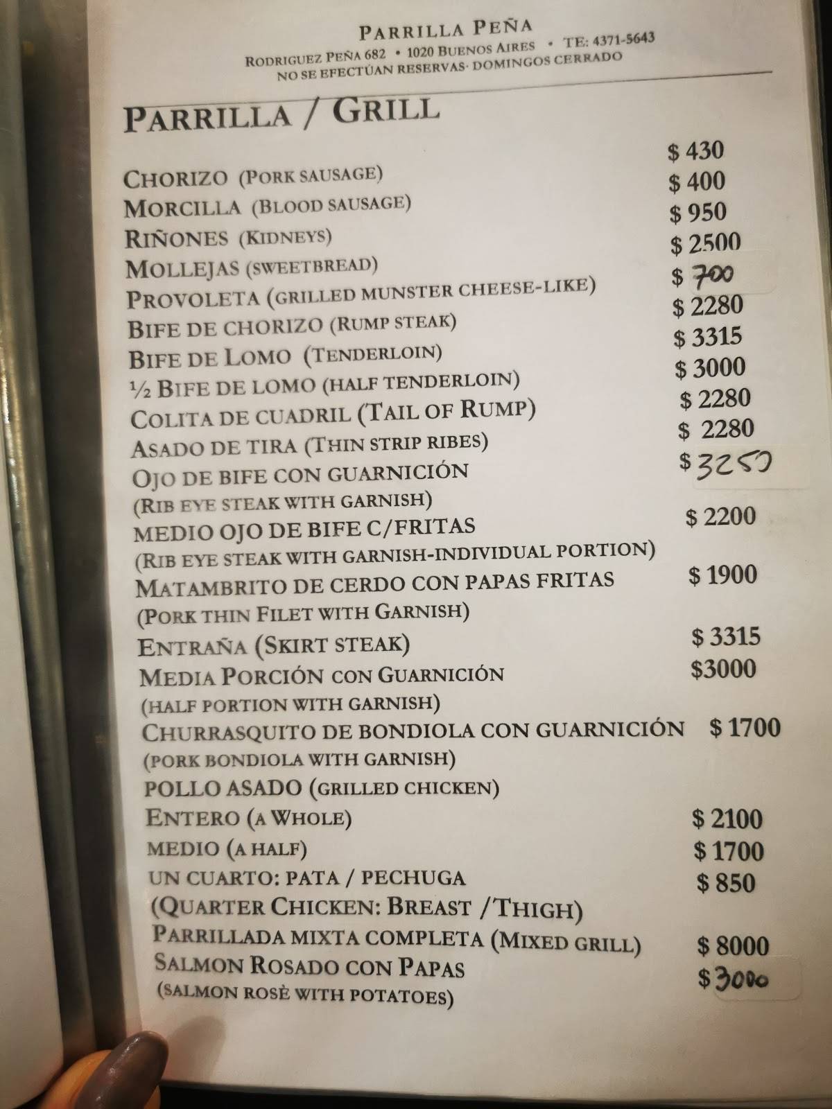 Menu at Parrilla Peña, Buenos Aires, Rodríguez Peña 682