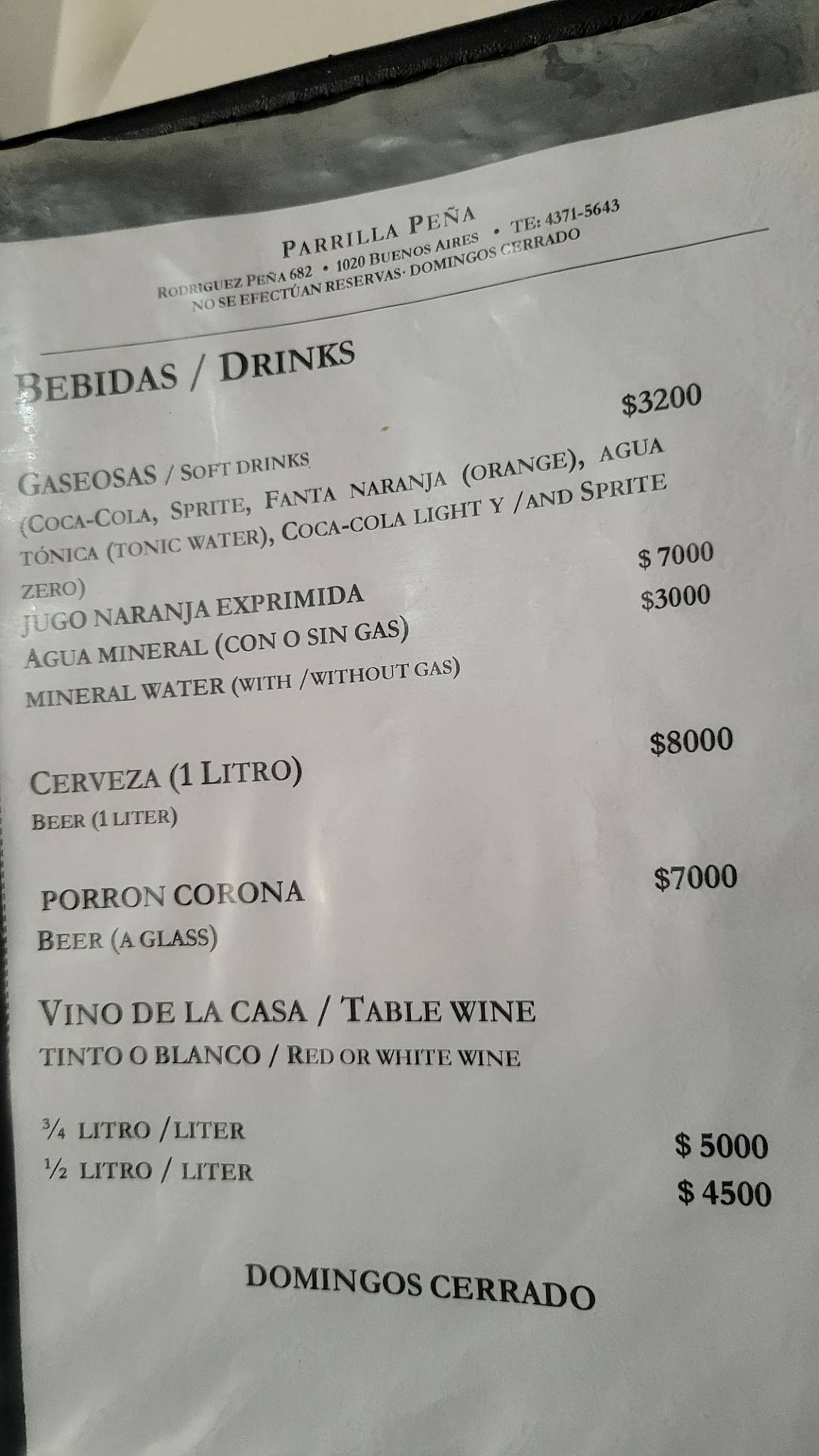 Menu at Parrilla Peña, Buenos Aires, Rodríguez Peña 682