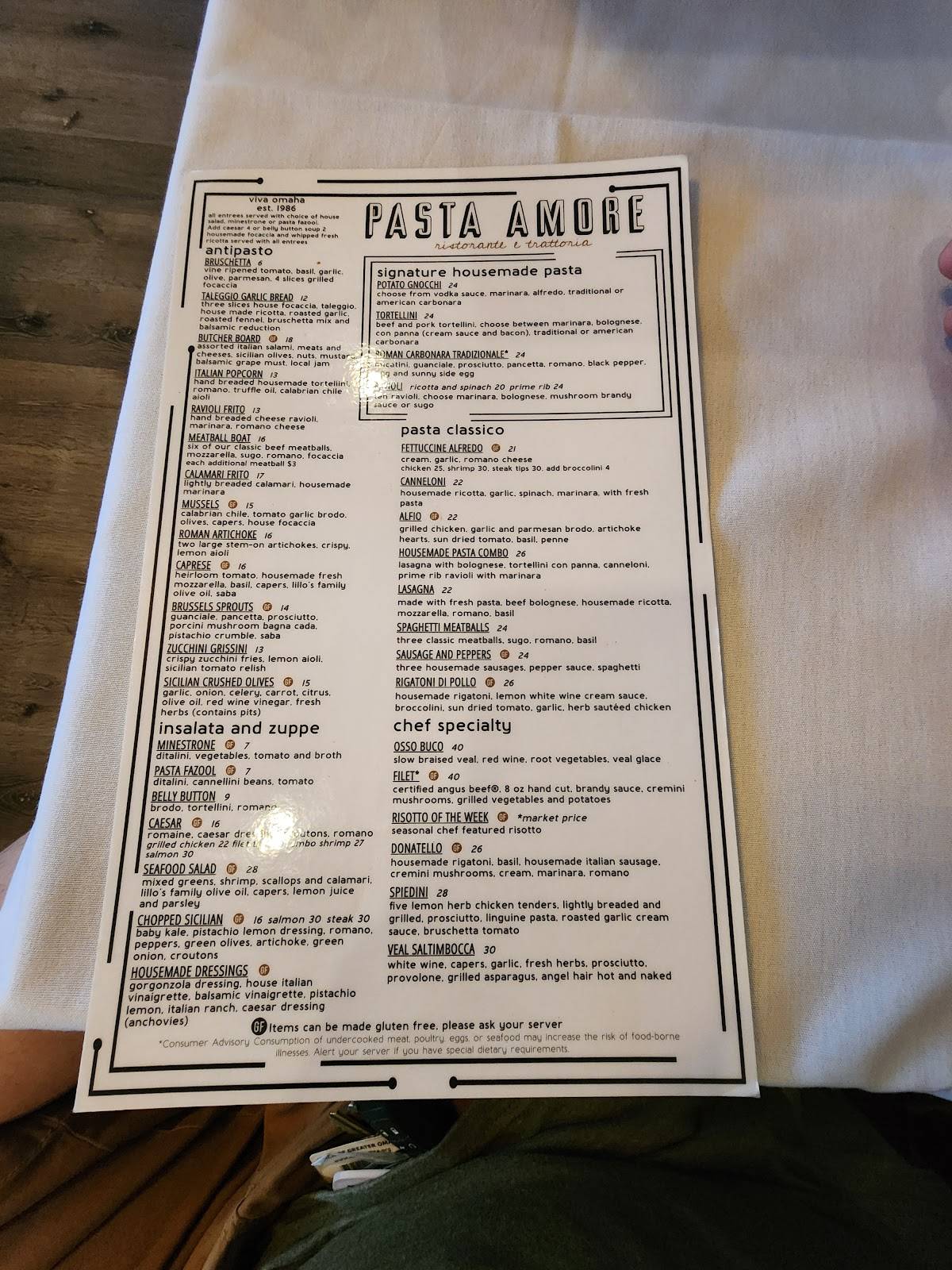 Menu at Pasta Amore restaurant, Omaha, Prairie Brook Rd