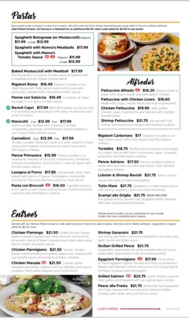 Menu at Pasta House Co restaurant, Union, 101 E Independence Dr