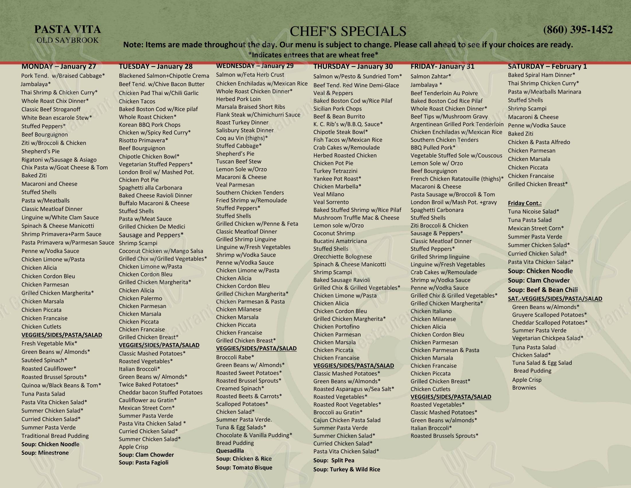 Menu at Pasta Vita restaurant, Old Saybrook, 225 Elm St
