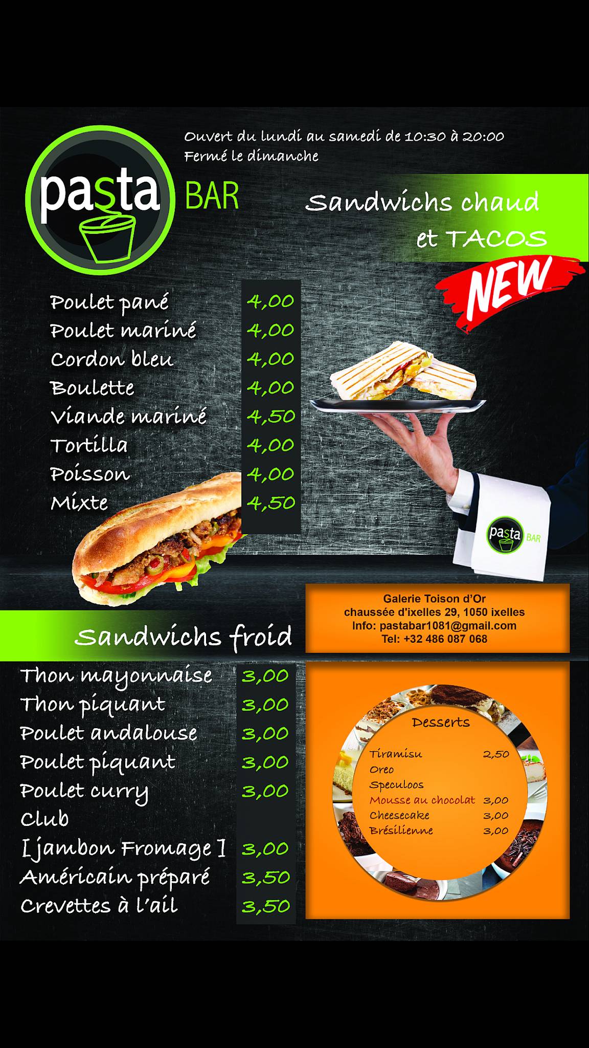 Menu au Pasta bar, Koekelberg