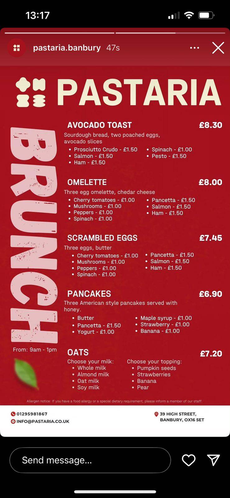 Menu at Pastaria restaurant, Banbury