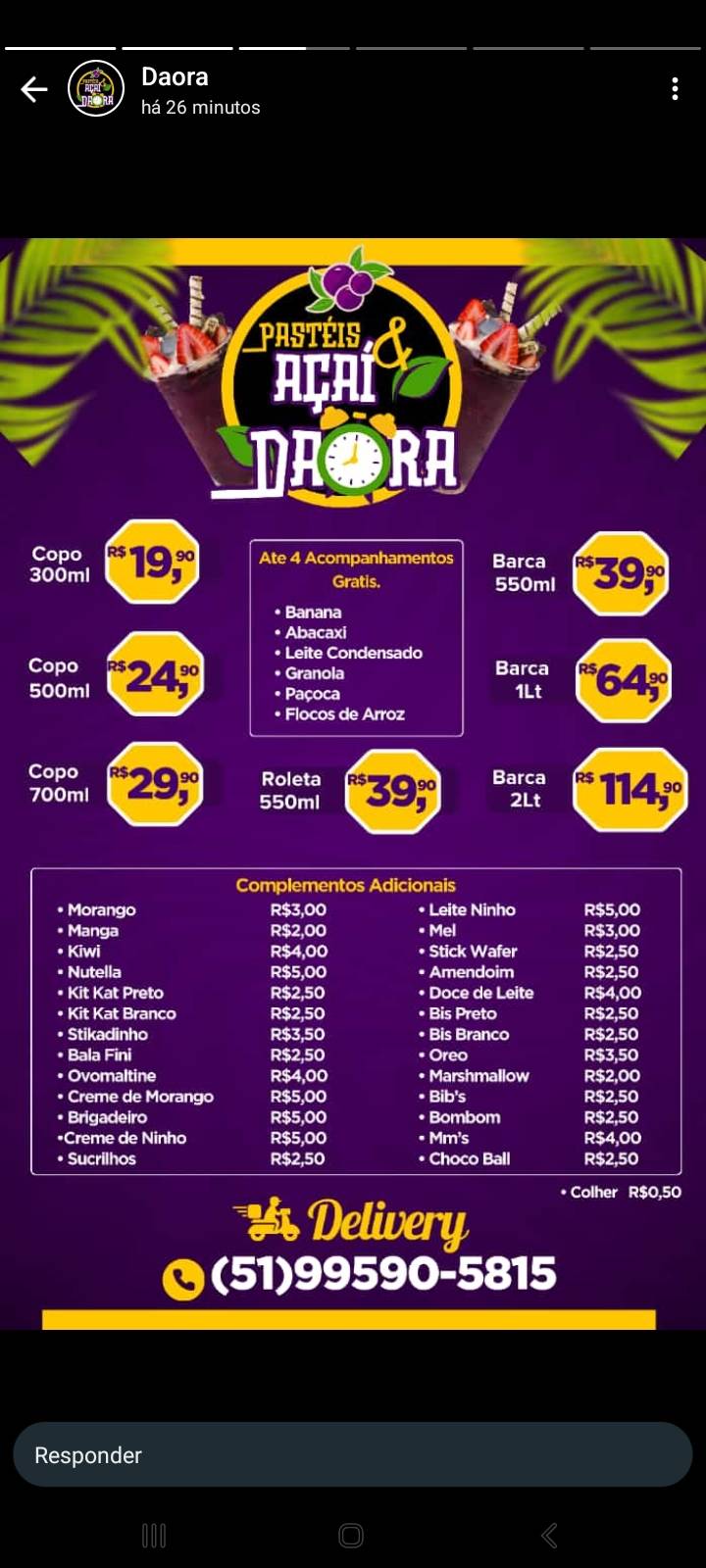 Menu at Pastéis e Açai Daora restaurant, Gravataí