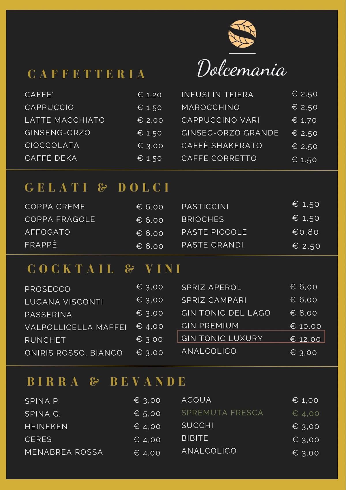 Menu at Pasticceria Bar Dolcemania, Colico Piano, Via Nazionale