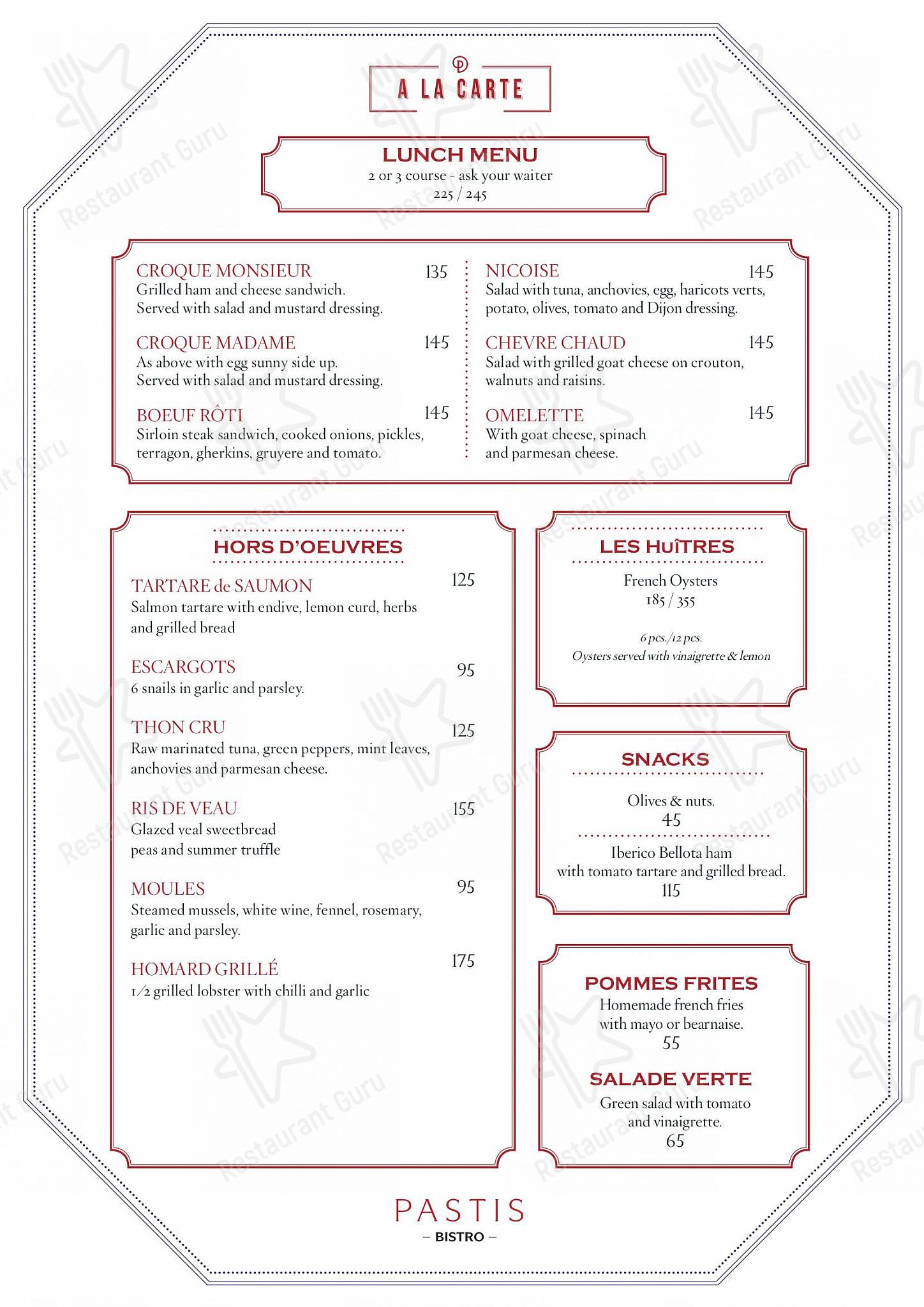 Menu at Pastis restaurant, Copenhagen