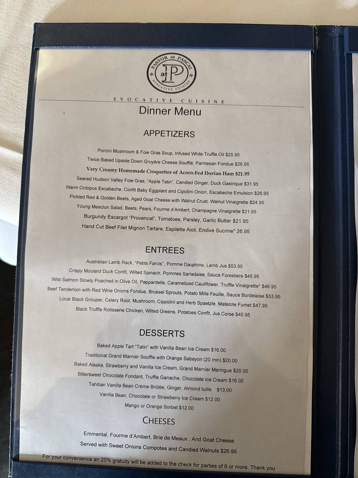 Menu at Pastor at Pascal restaurant, Coral Gables