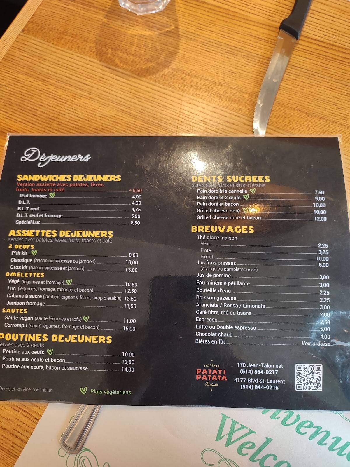 Menu au Patati Patata Jean-Talon Friterie Deluxe restaurant, Montréal