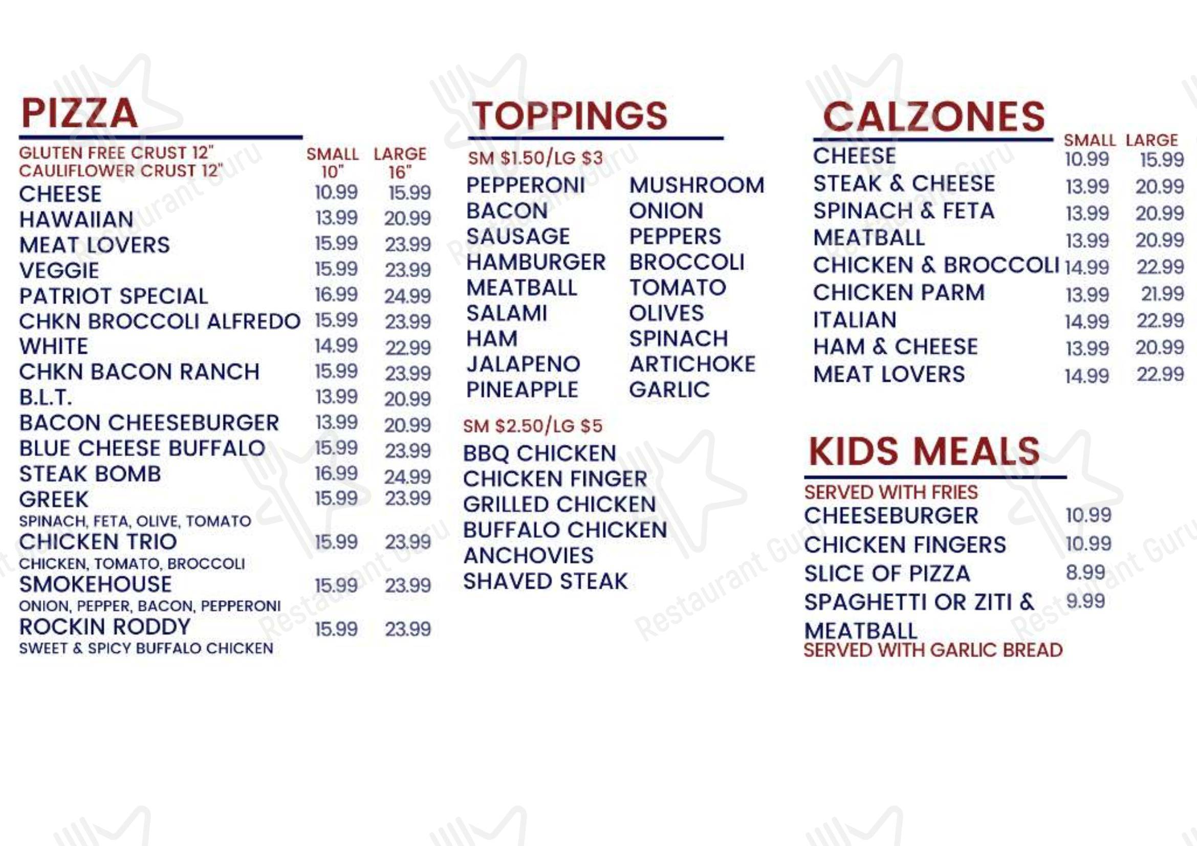Menu at Patriot Pizza & Subs pizzeria, Townsend