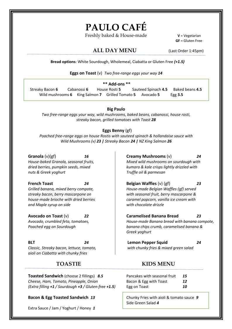 Menu at Paulo Cafe, Auckland