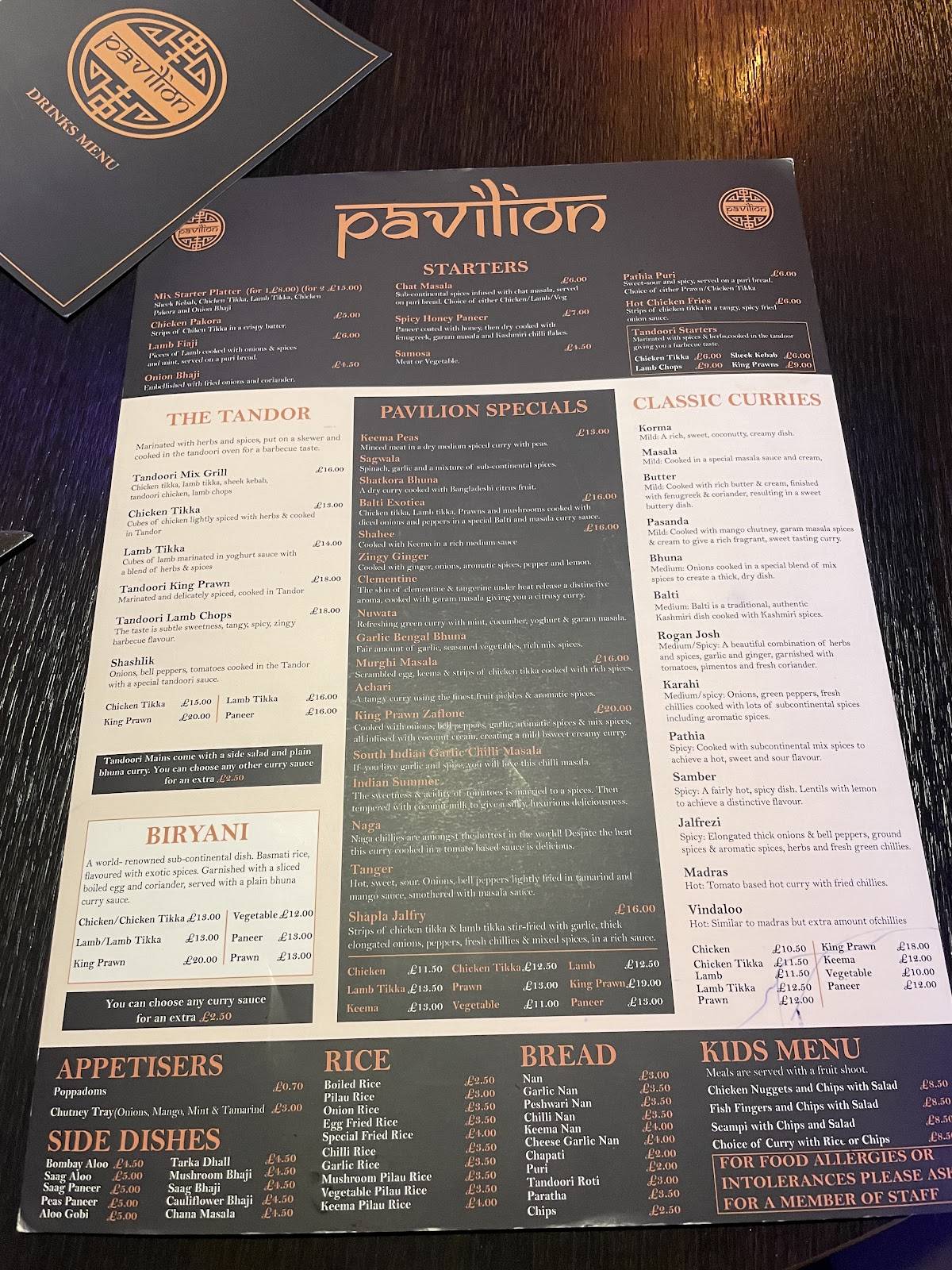 Menu at Pavilion Indian restaurant, Rochdale