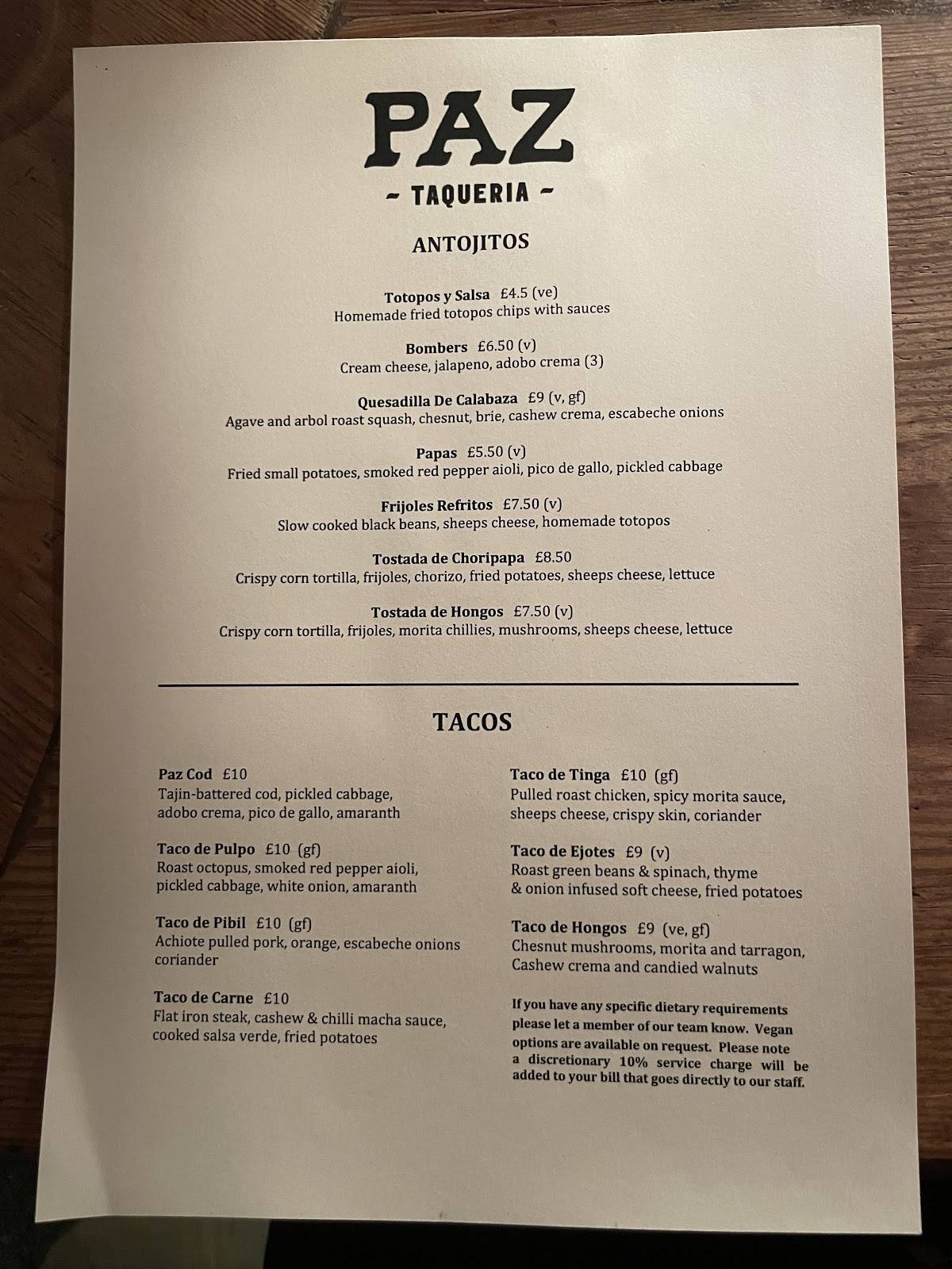 Menu at Paz Taqueria restaurant, Edinburgh