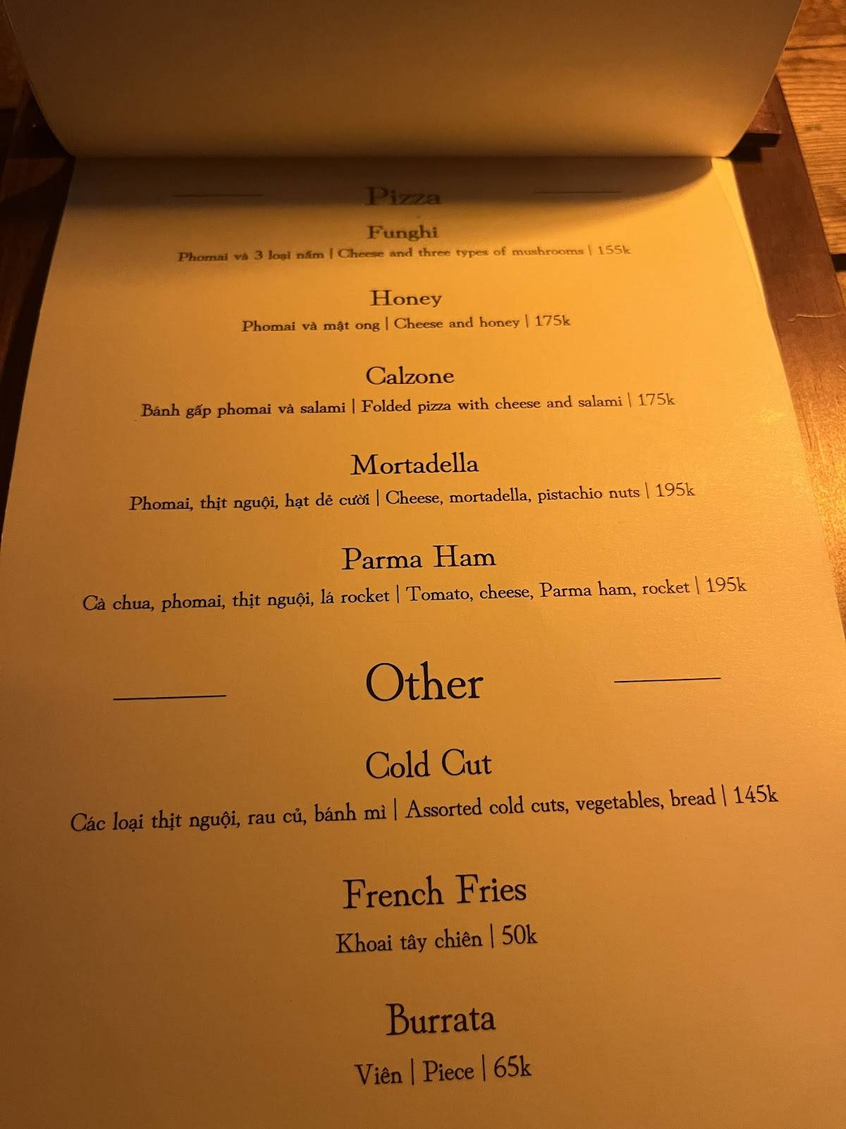 Menu at Pazzi restaurant, Ho Chi Minh City