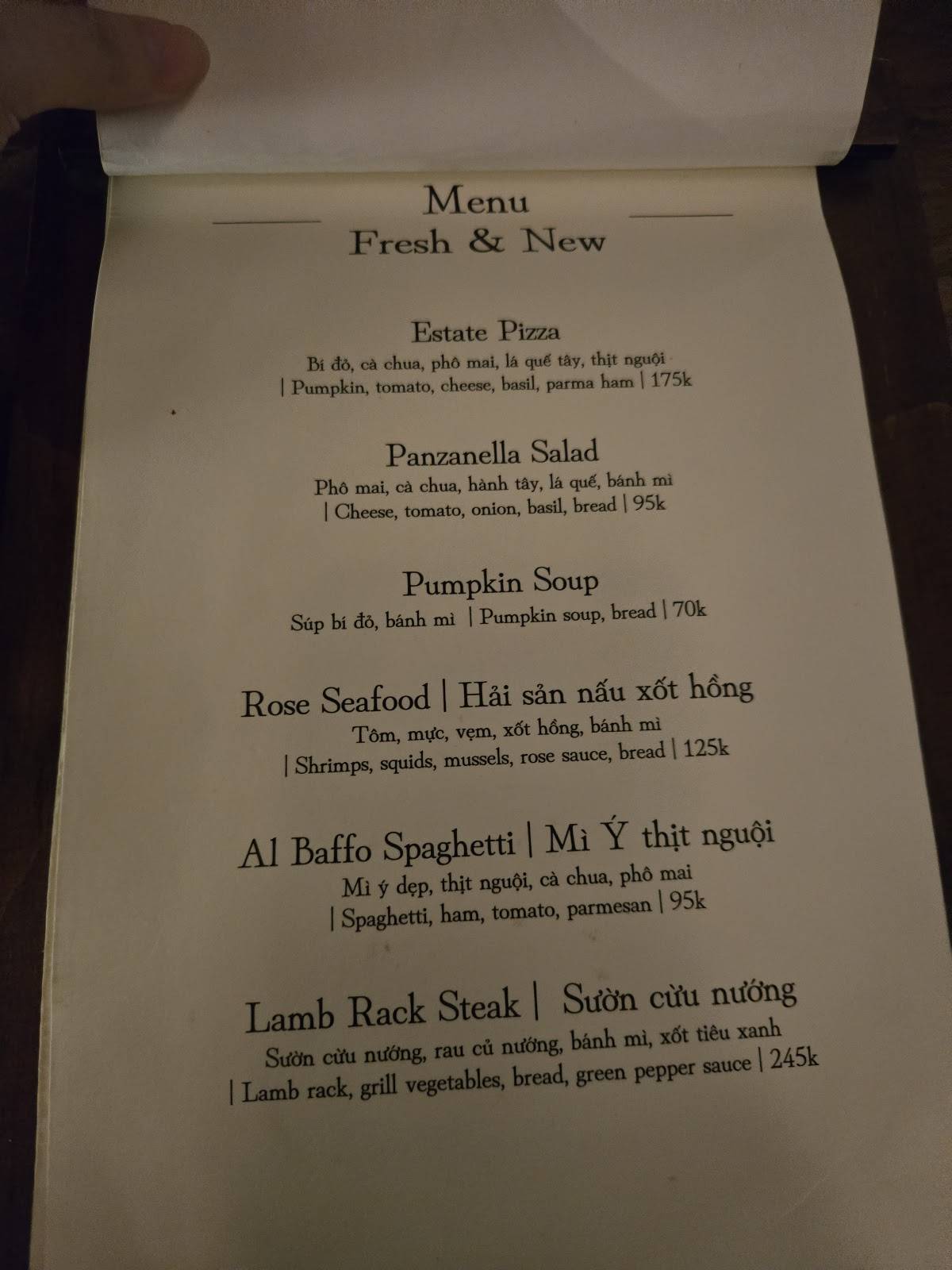 Menu at Pazzi Pizza restaurant, Ho Chi Minh City