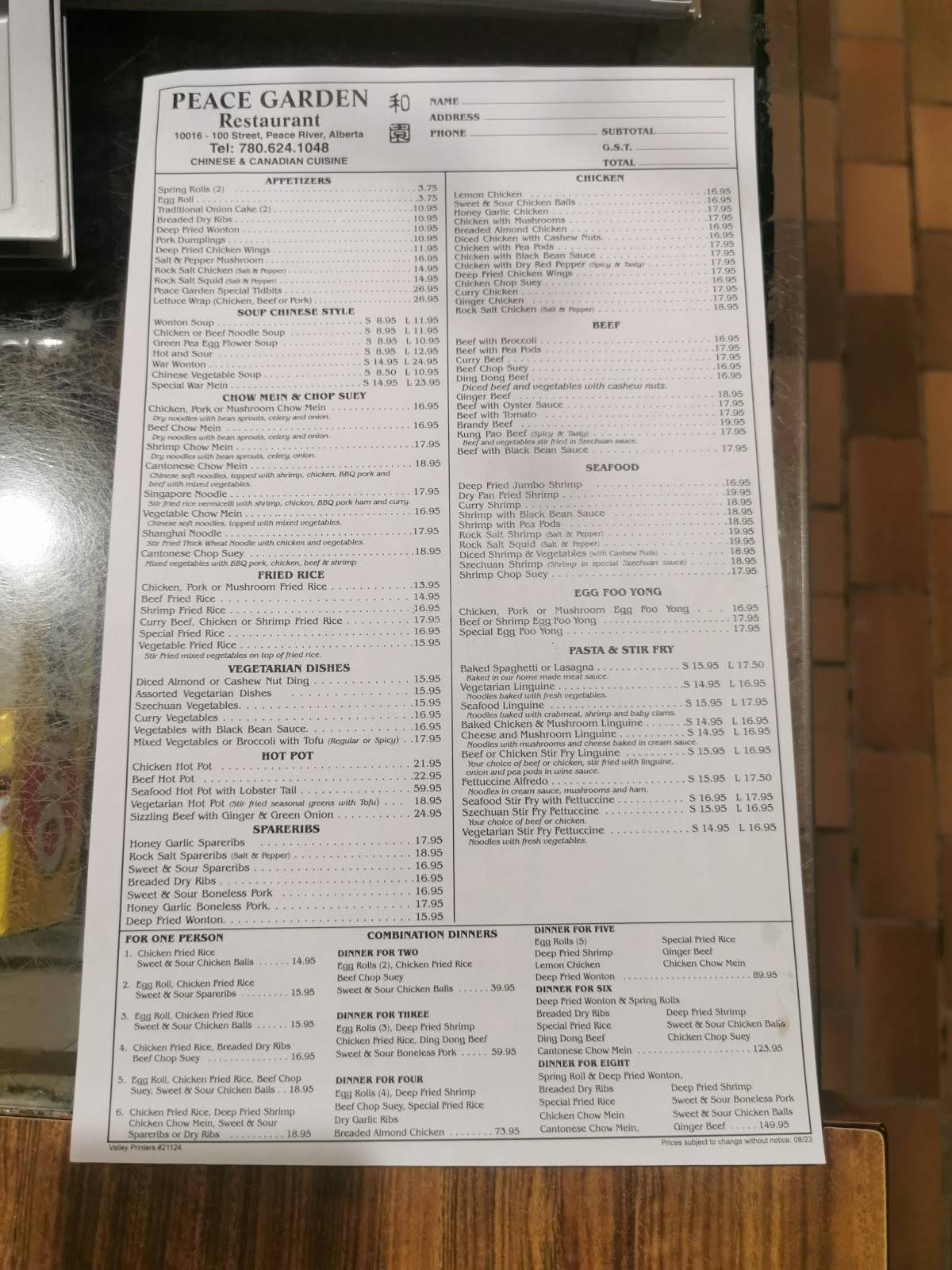 Menu at Peace Garden restaurant, Peace River