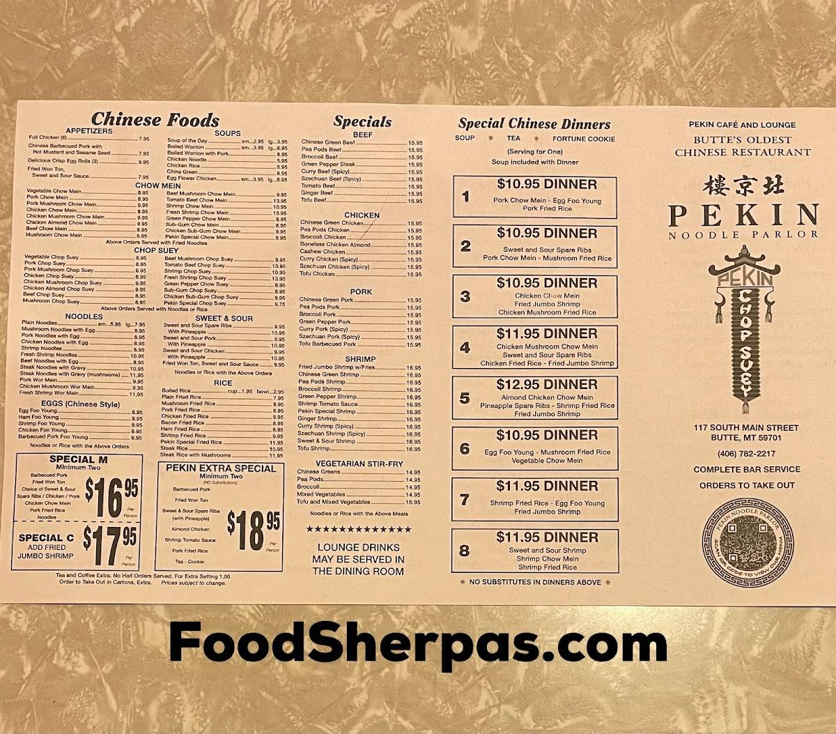Menu at Pekin Noodle Parlor restaurant, Butte