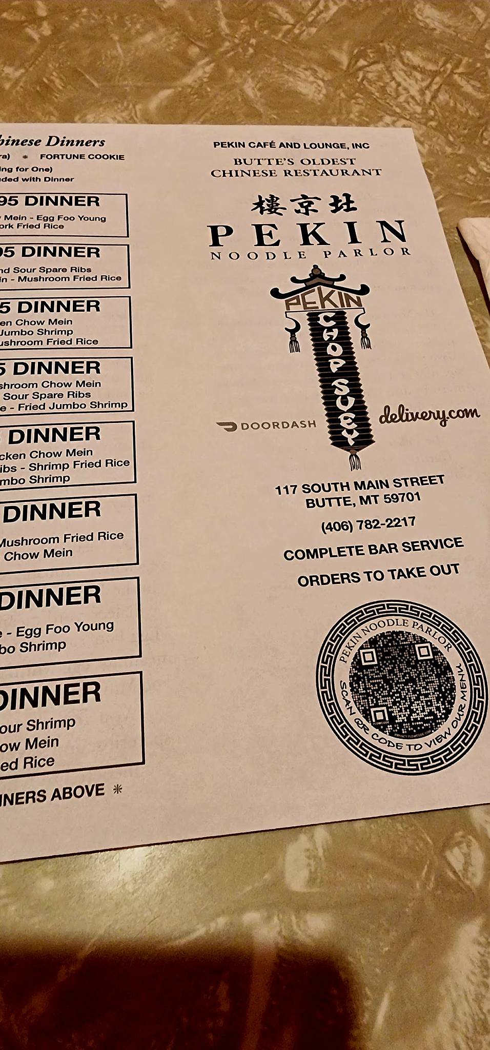 Menu at Pekin Noodle Parlor restaurant, Butte