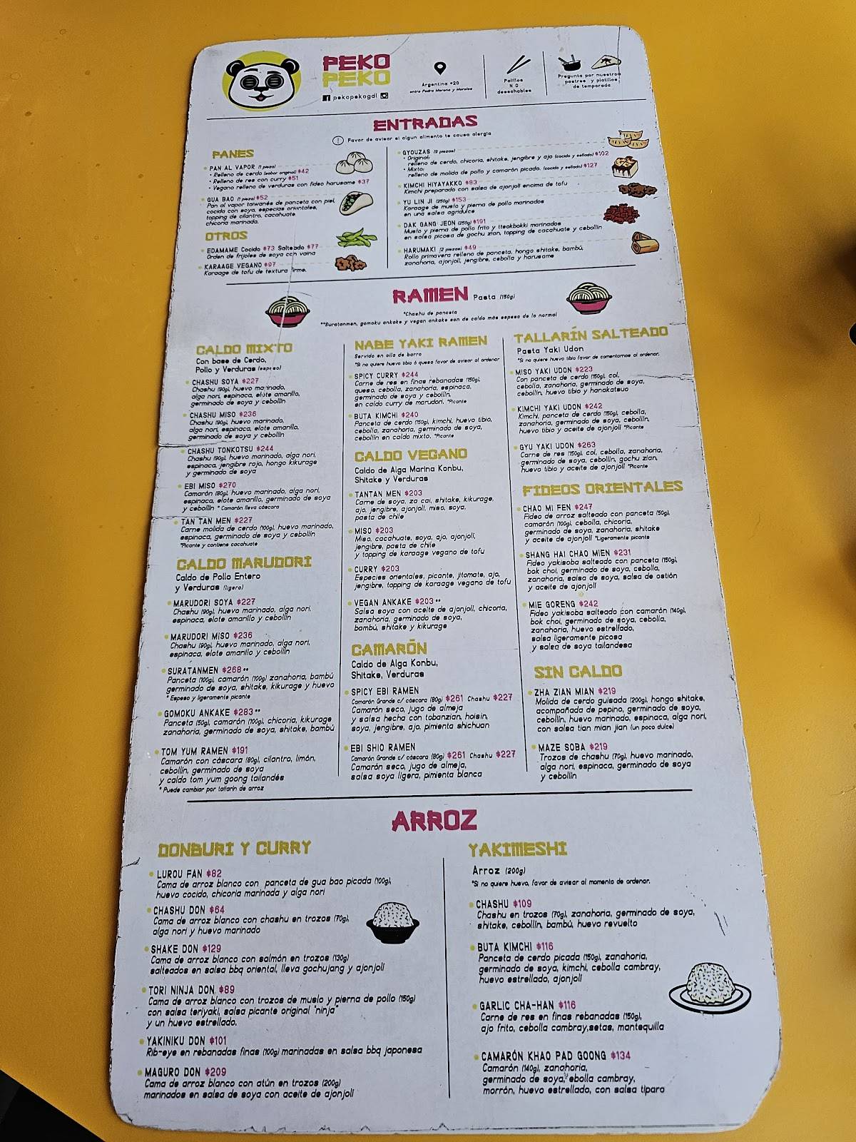 Menu at Peko Peko restaurant, Guadalajara, Calle Argentina 20