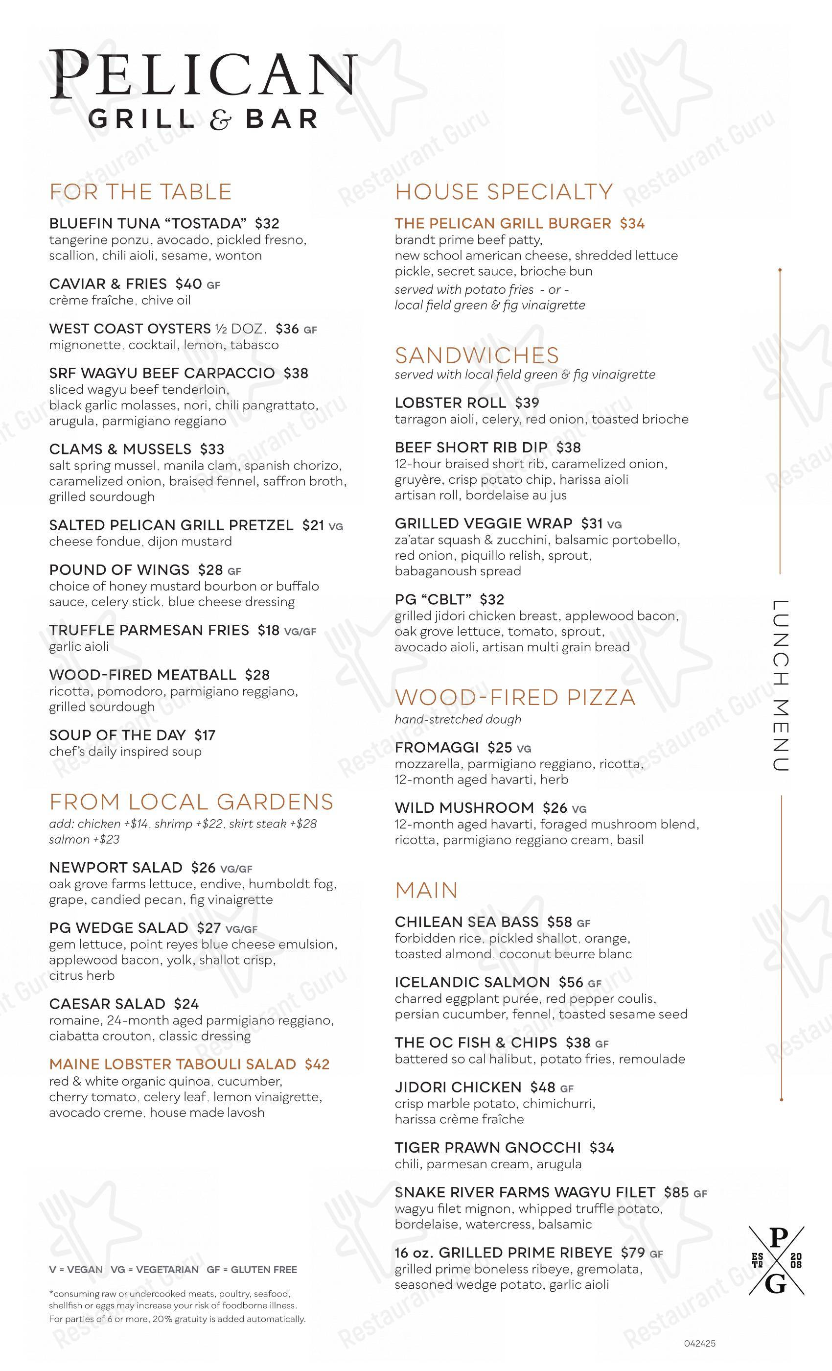 Menu at Pelican Grill restaurant, Newport Beach