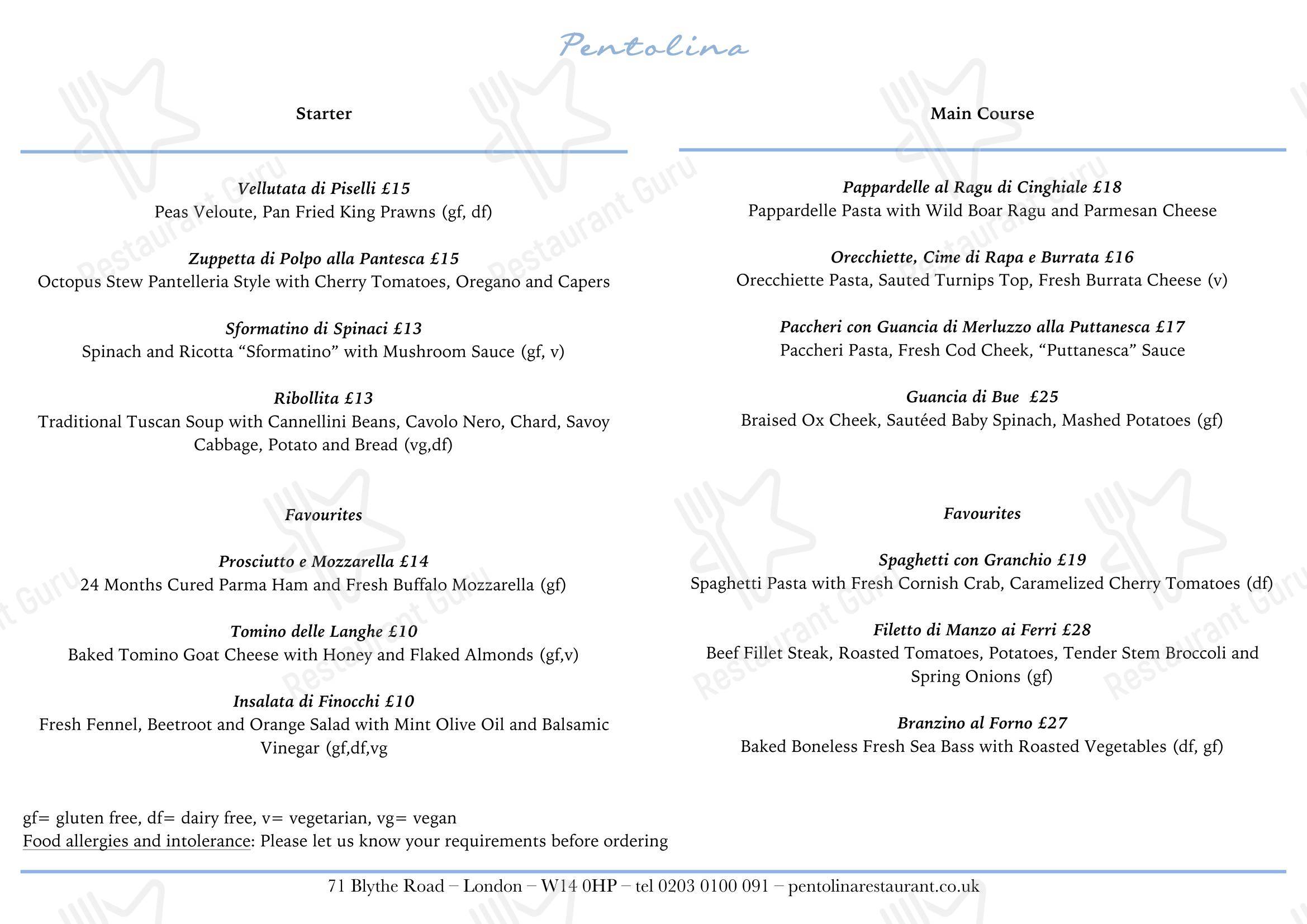Menu at Pentolina restaurant, London
