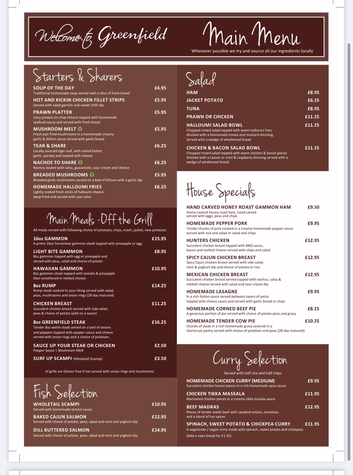 Menu at The Greenfield pub & bar, Pentre