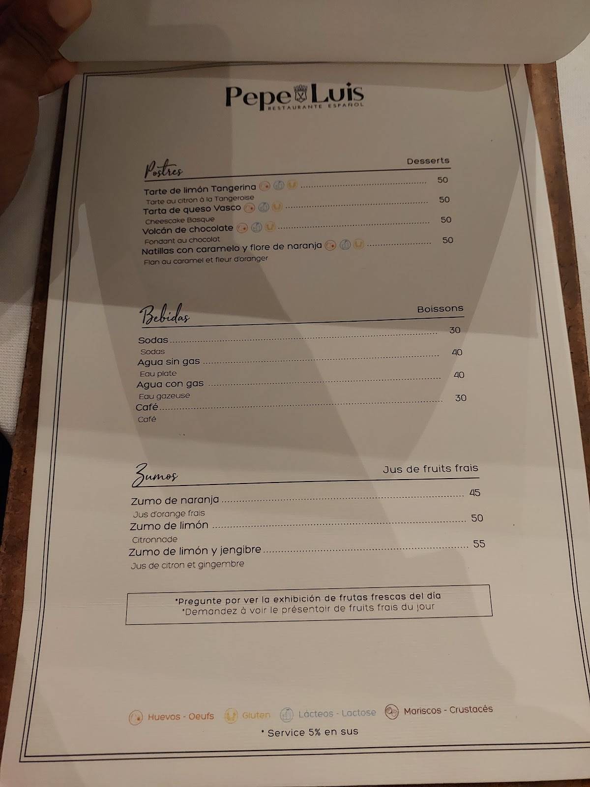 Menu at Pepe Luis restaurant, Casablanca