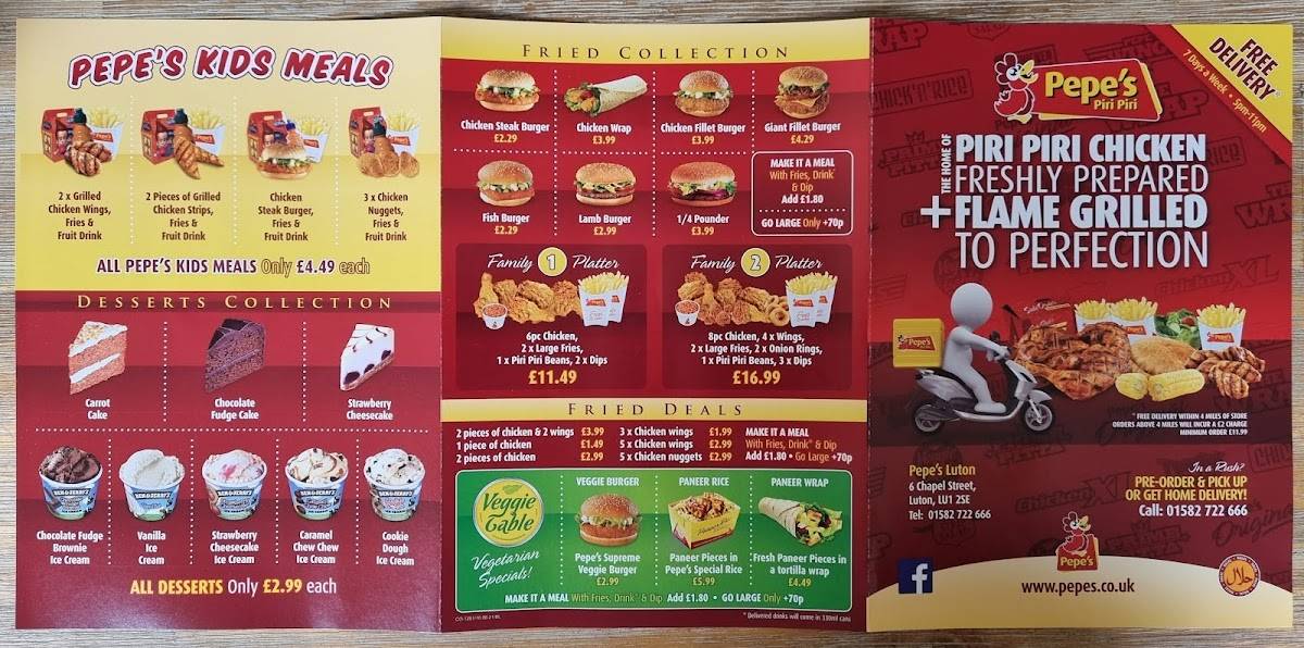 Menu at Pepe's restaurant, Luton, 6 Chapel St