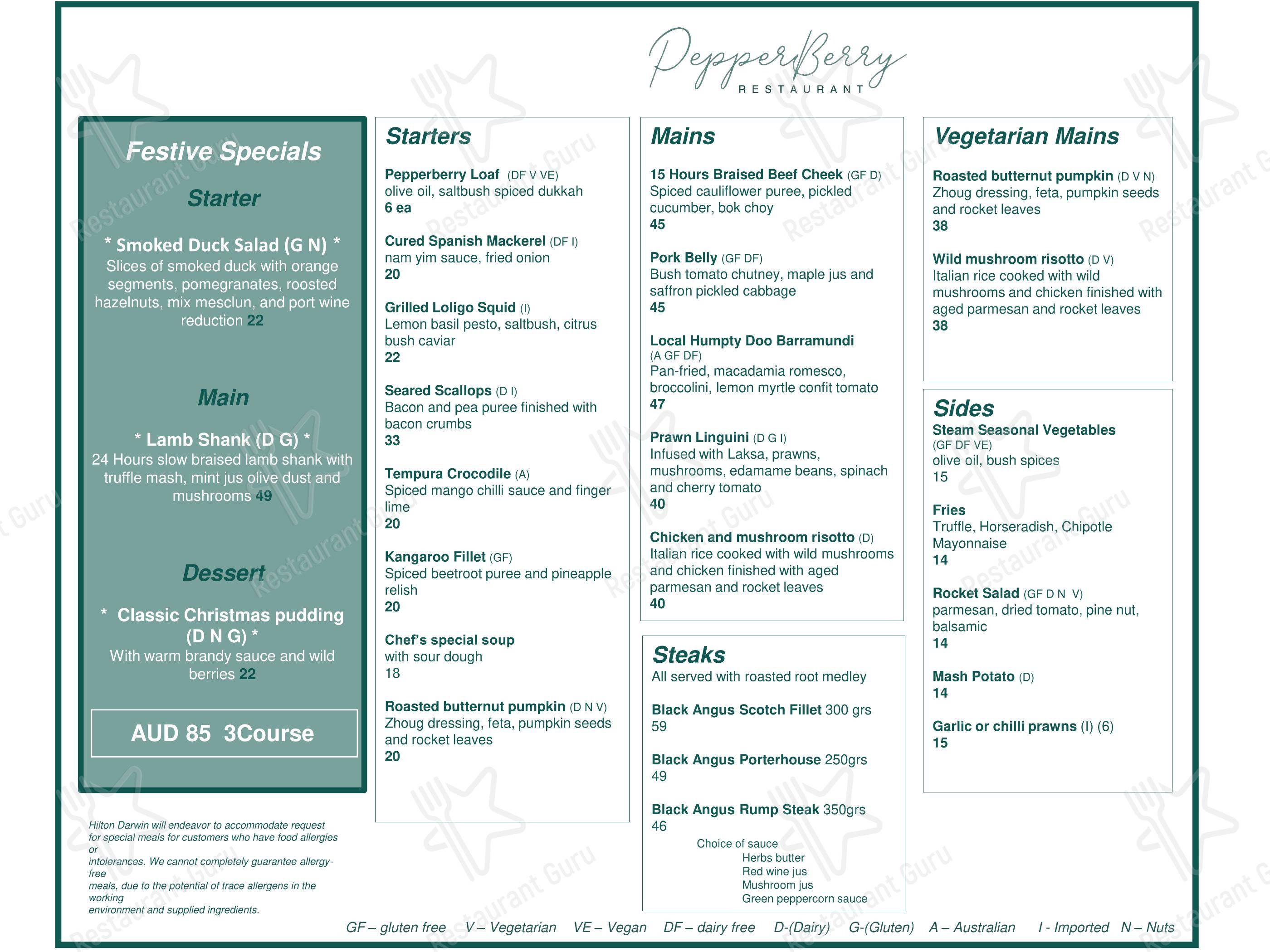Menu at PepperBerry Restaurant, Darwin City