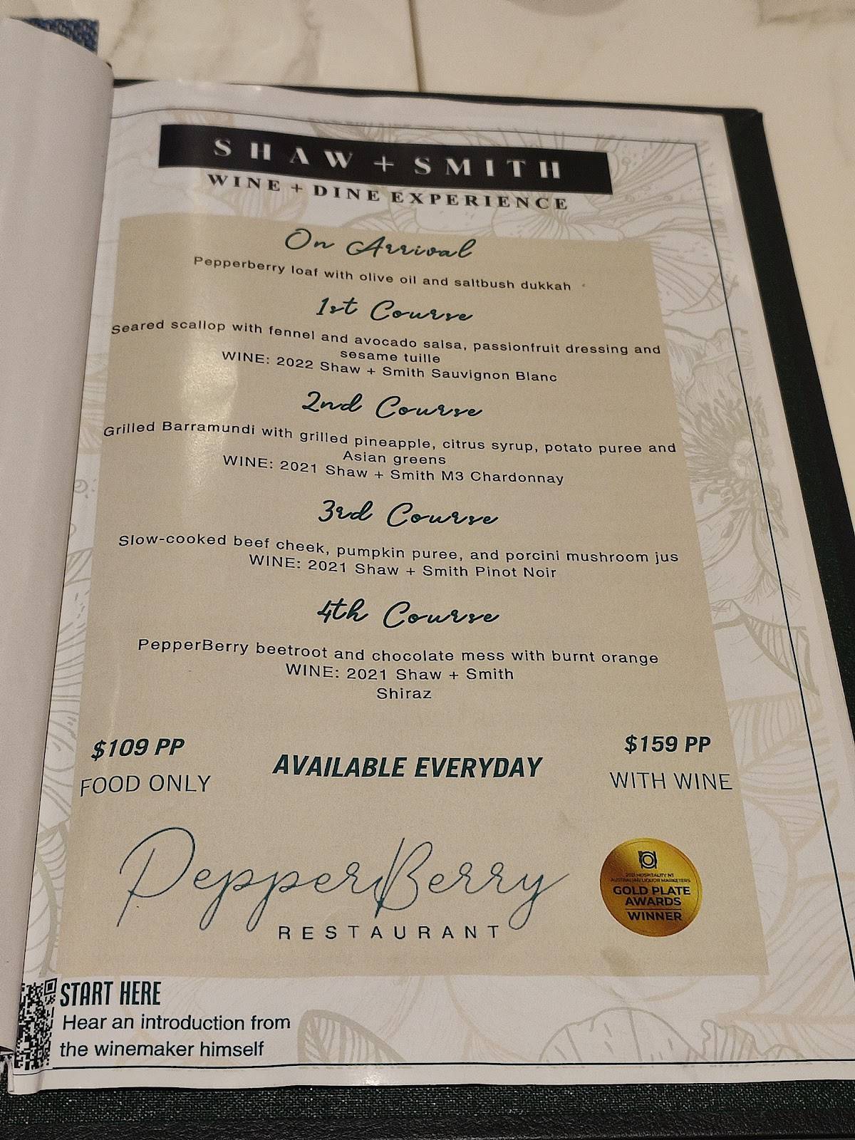 Menu at PepperBerry restaurant, Darwin City