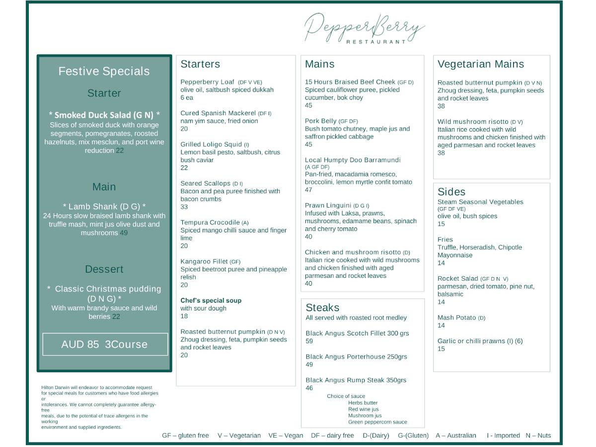 Menu at PepperBerry Restaurant, Darwin City