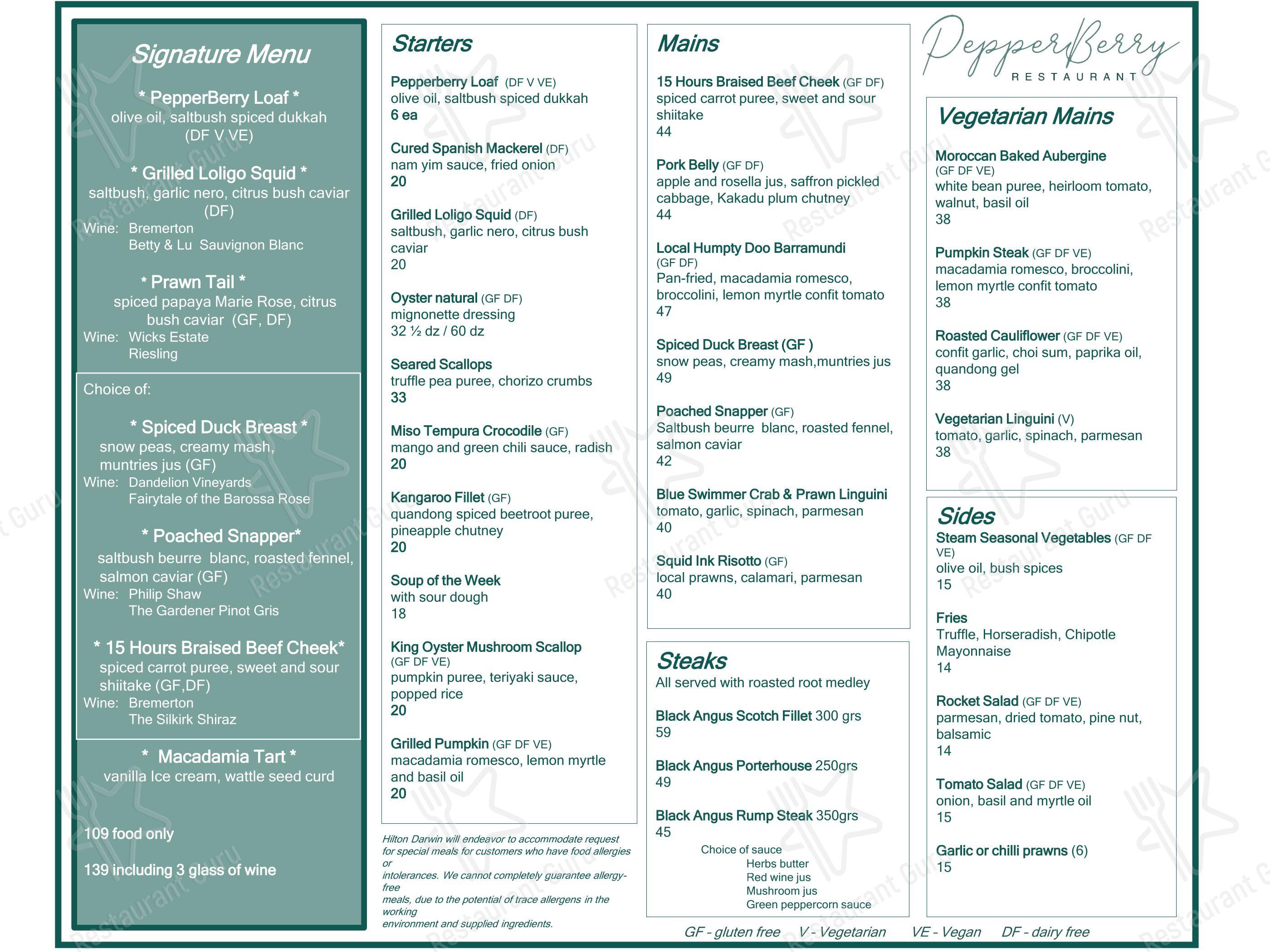 Menu at PepperBerry Restaurant, Darwin City