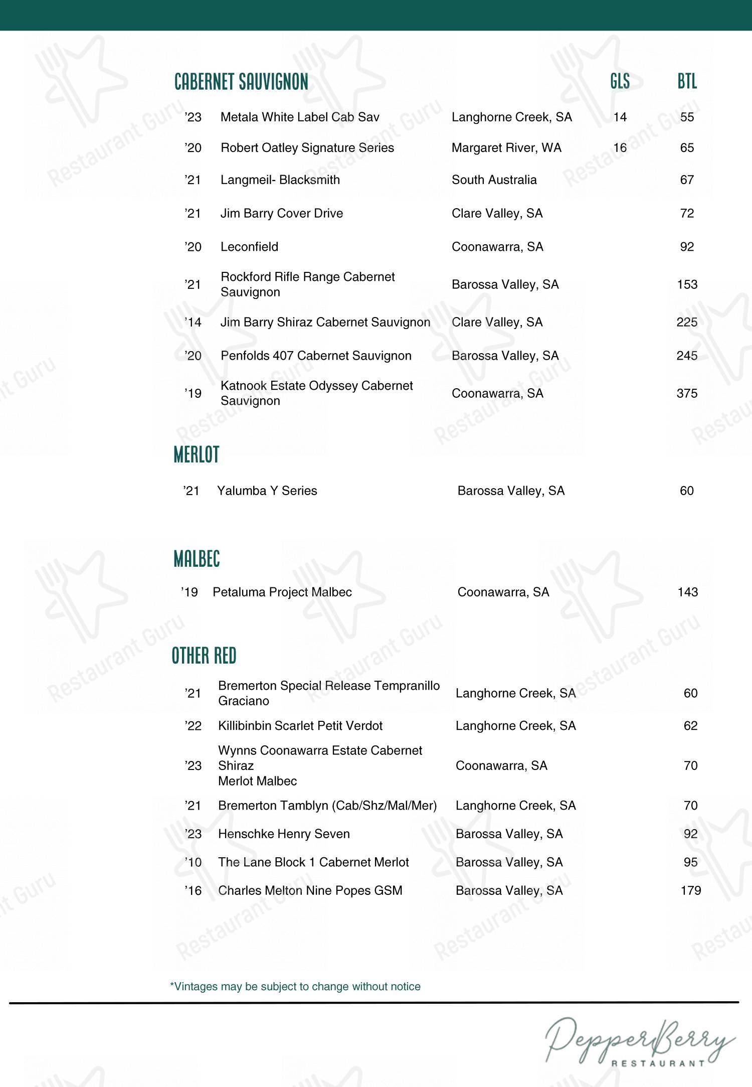 Menu at PepperBerry Restaurant, Darwin City