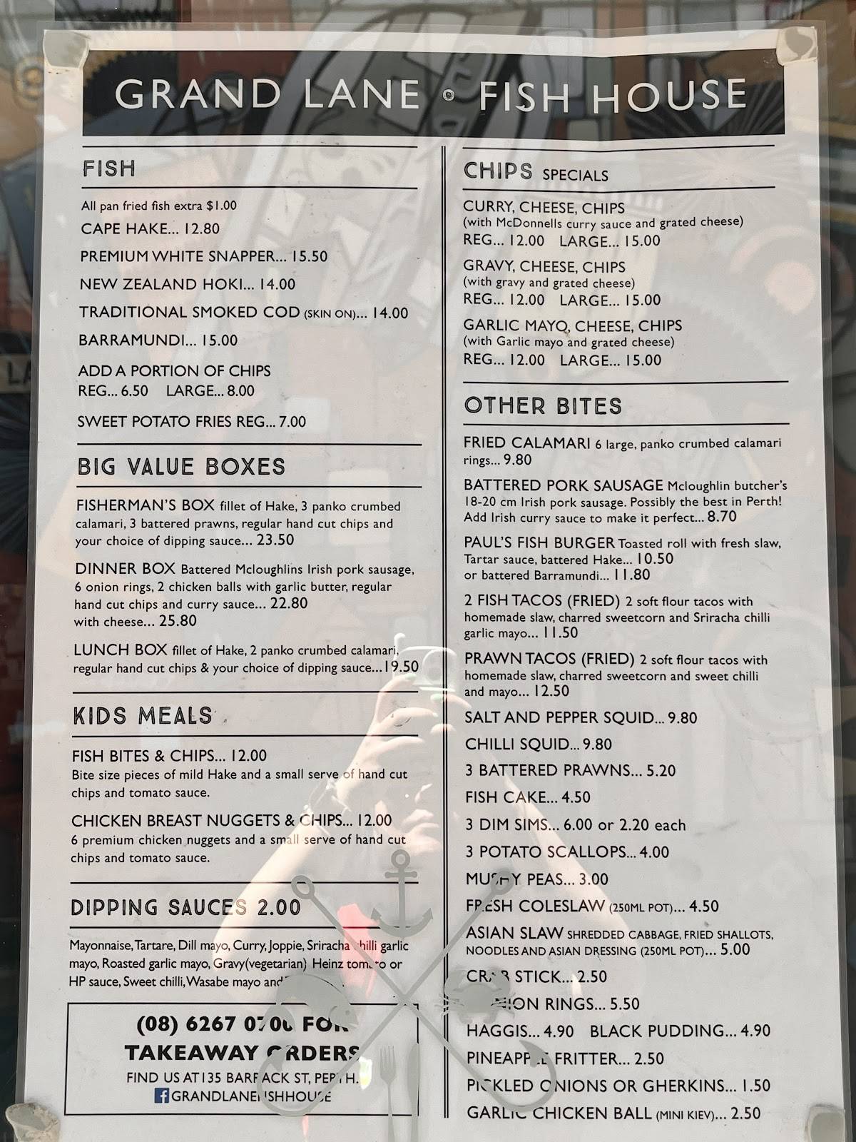 Menu at Grand Lane Fish House restaurant, Perth