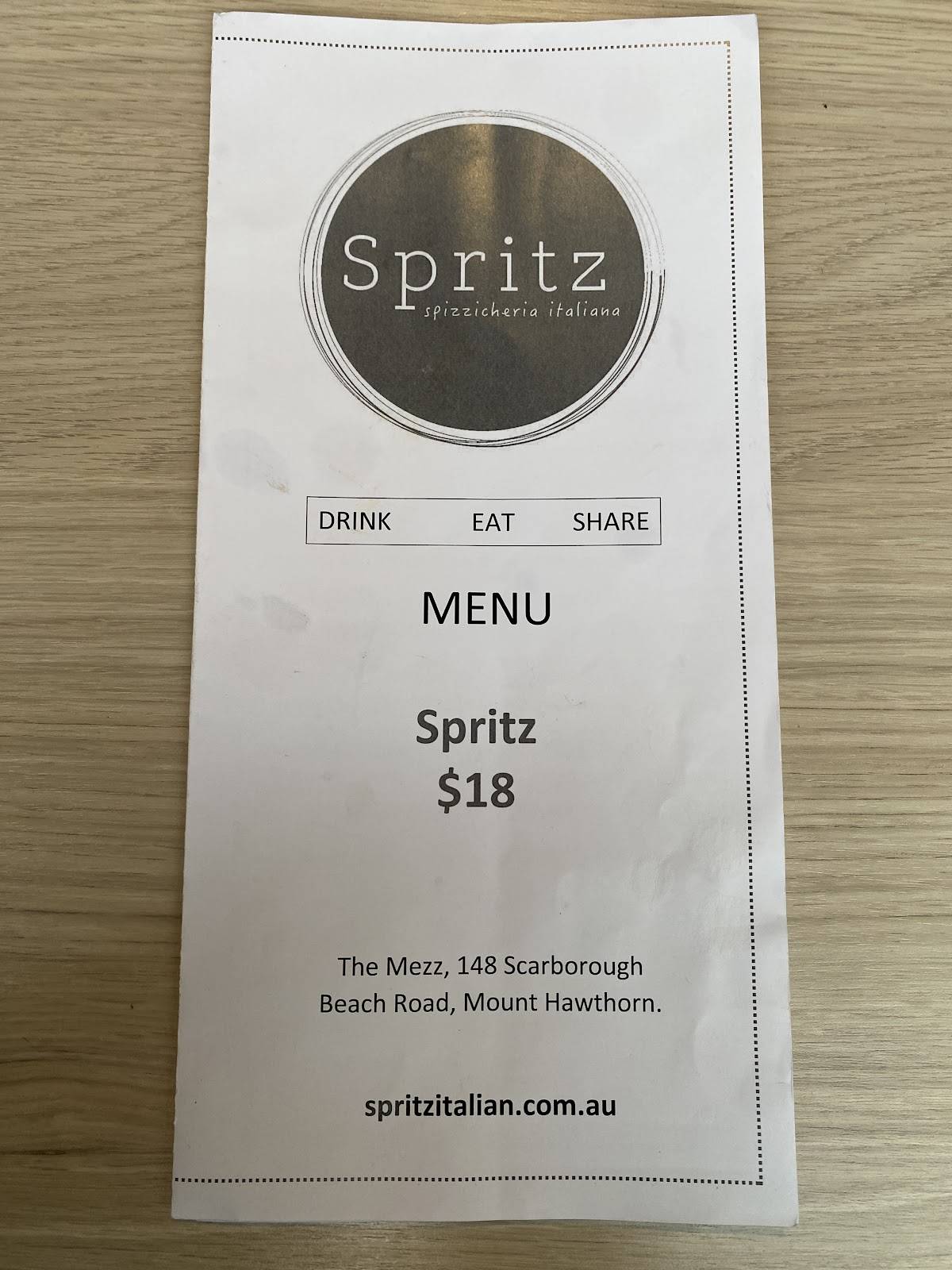 Menu at Spritz Spizzicheria restaurant, Mount Hawthorn