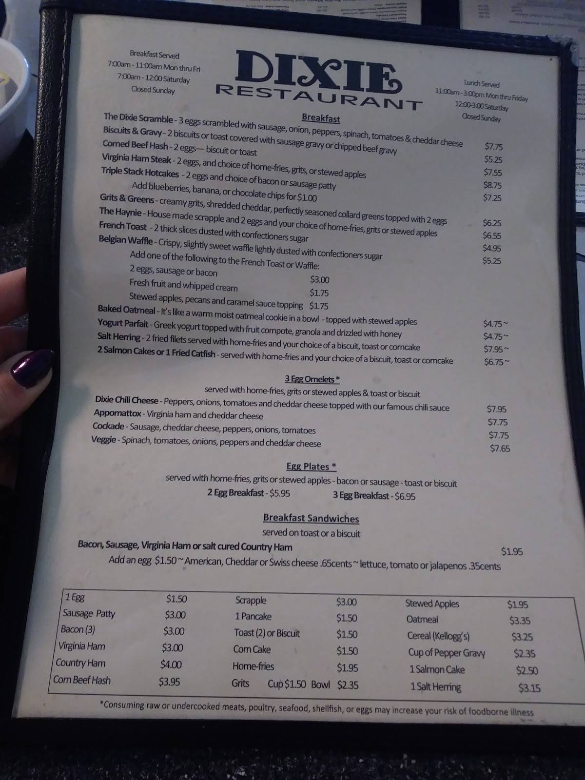 Menu at Dixie Restaurant, Petersburg
