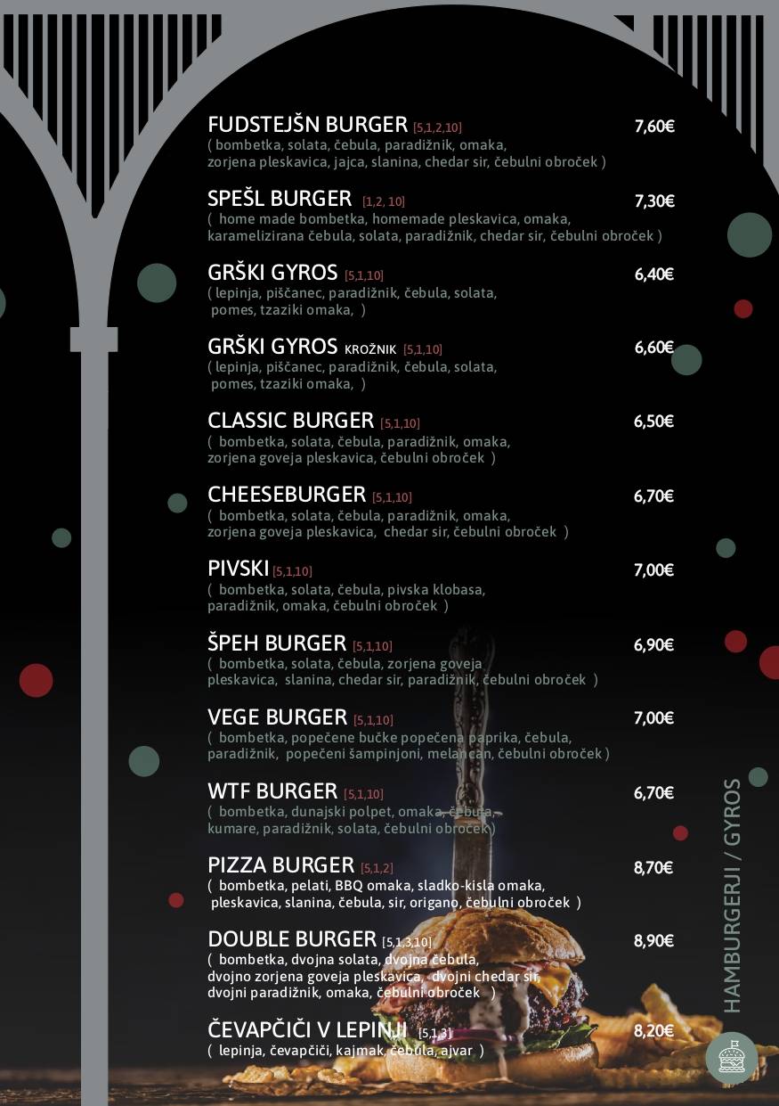 Menu at FUDSTEJŠN restaurant, Petrovče