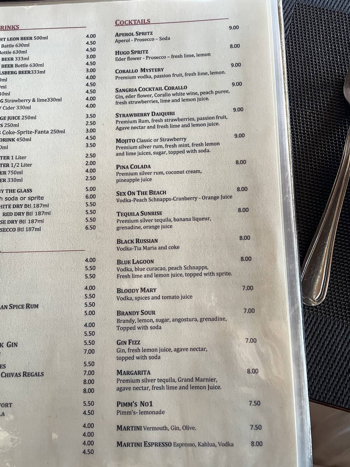 Menu at Corallo, Peyia, Coral Bay Ave