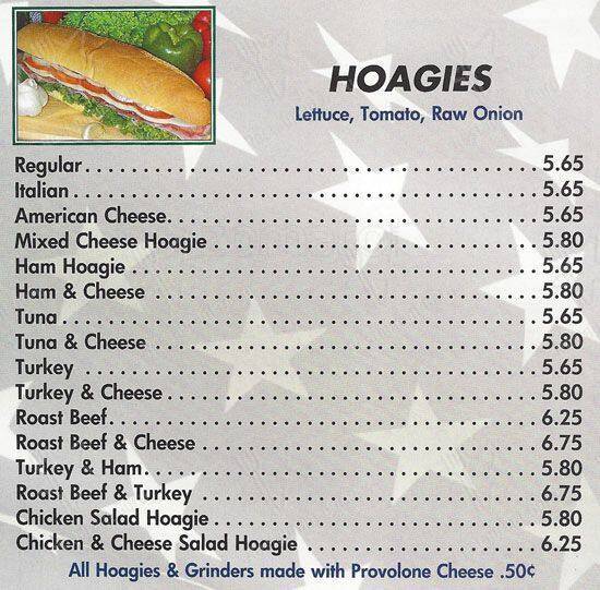 Menu at Johnny B's All American Pizza restaurant, Philadelphia