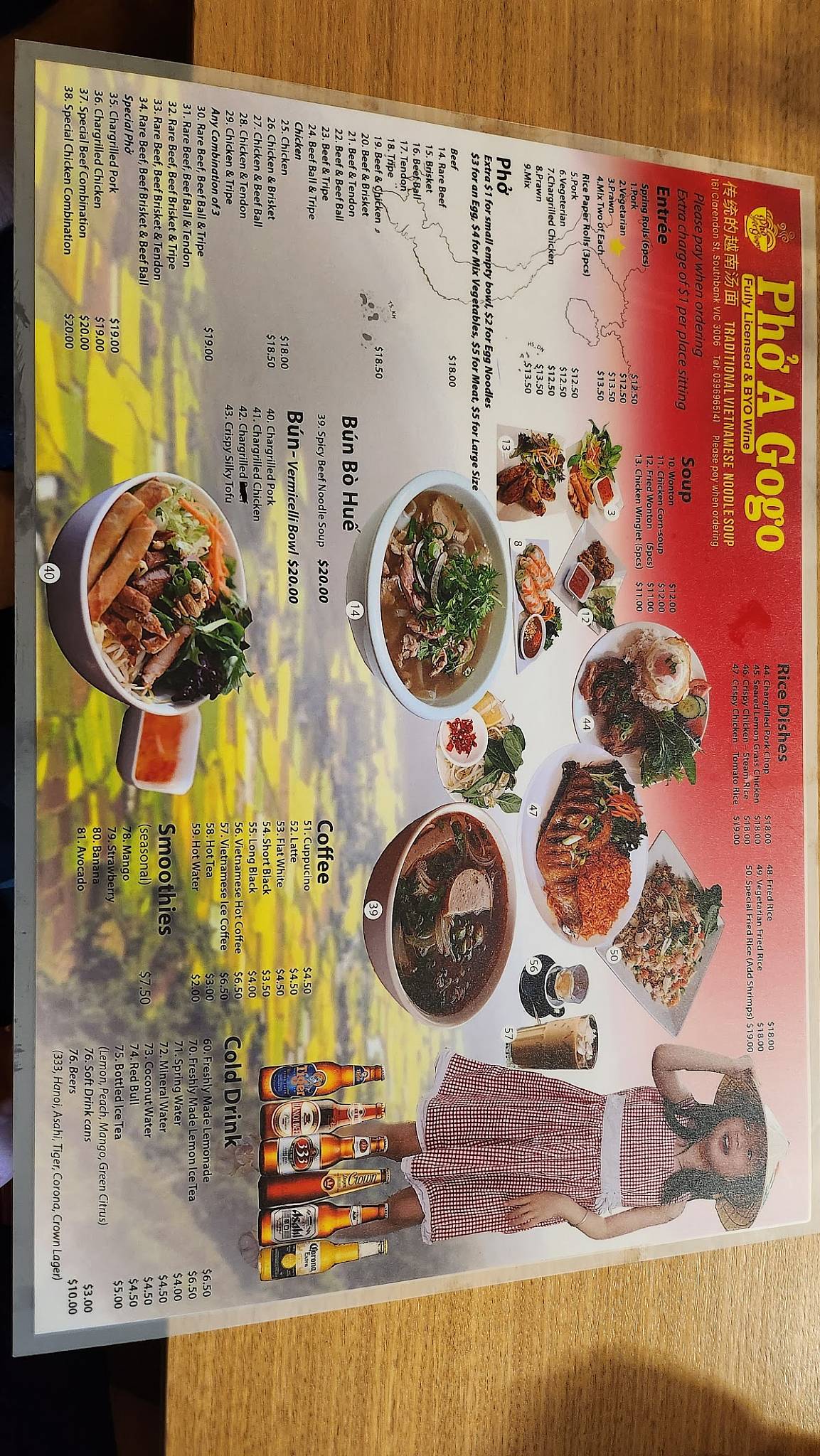 Menu at Pho A Gogo restaurant, Southbank
