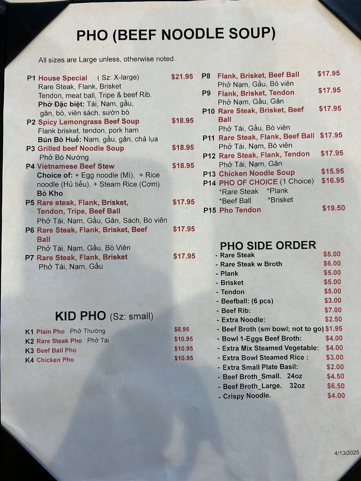 Menu at Pho Anh restaurant, Mountain View