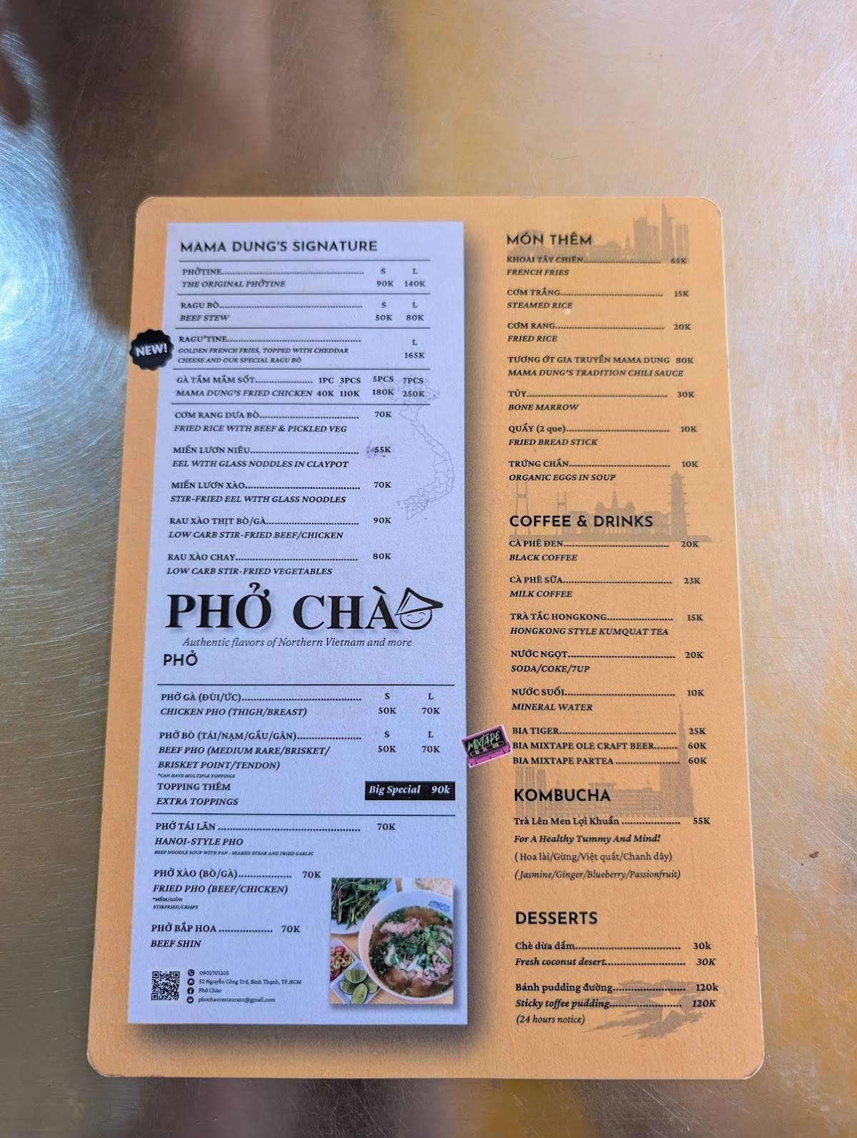 Menu at Phở Chào restaurant, Ho Chi Minh City