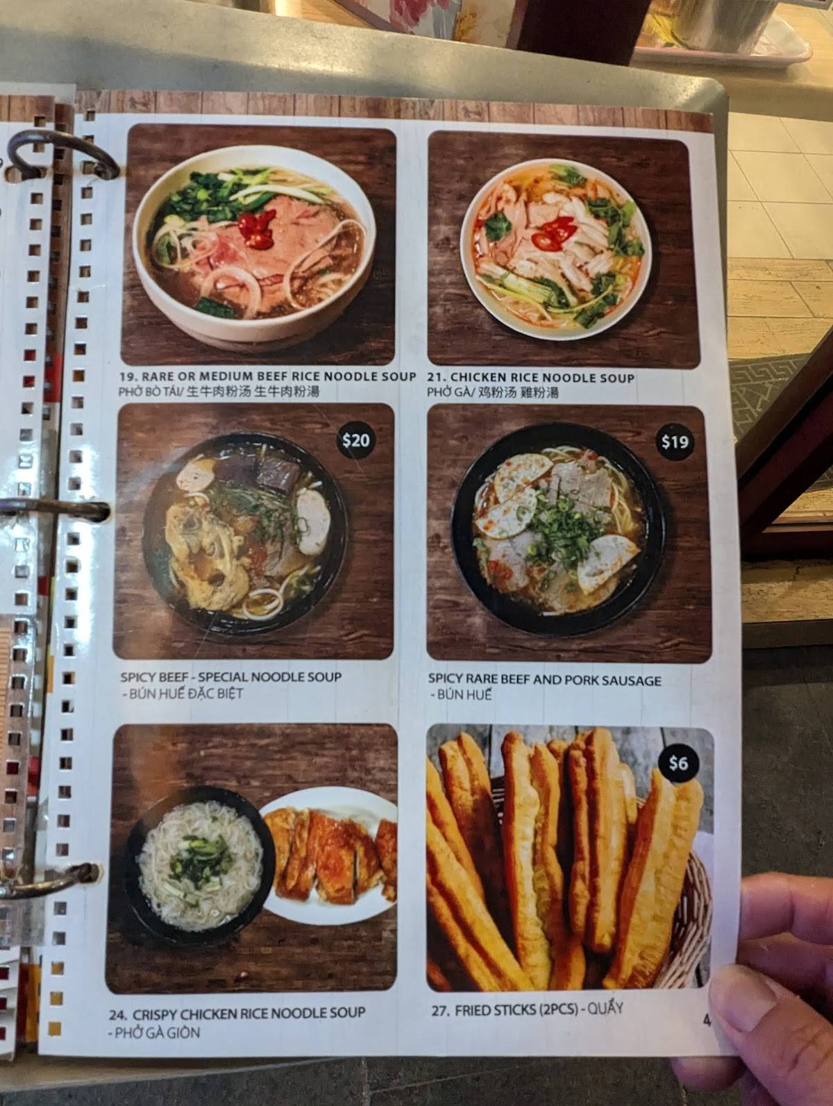 Menu at Pho Pasteur restaurant, Haymarket