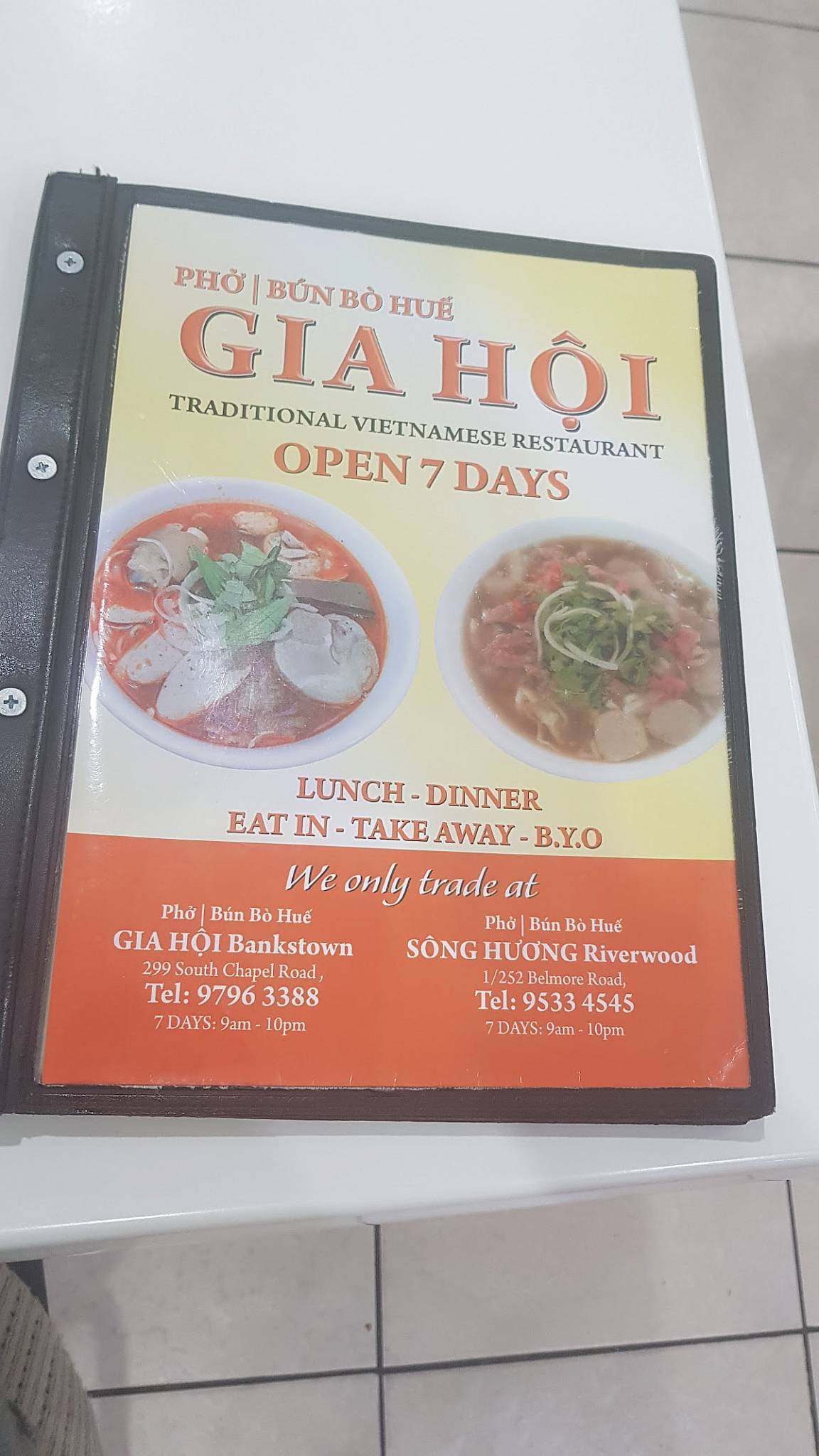 Menu at Pho Song Huong Bankstown restaurant, Bankstown