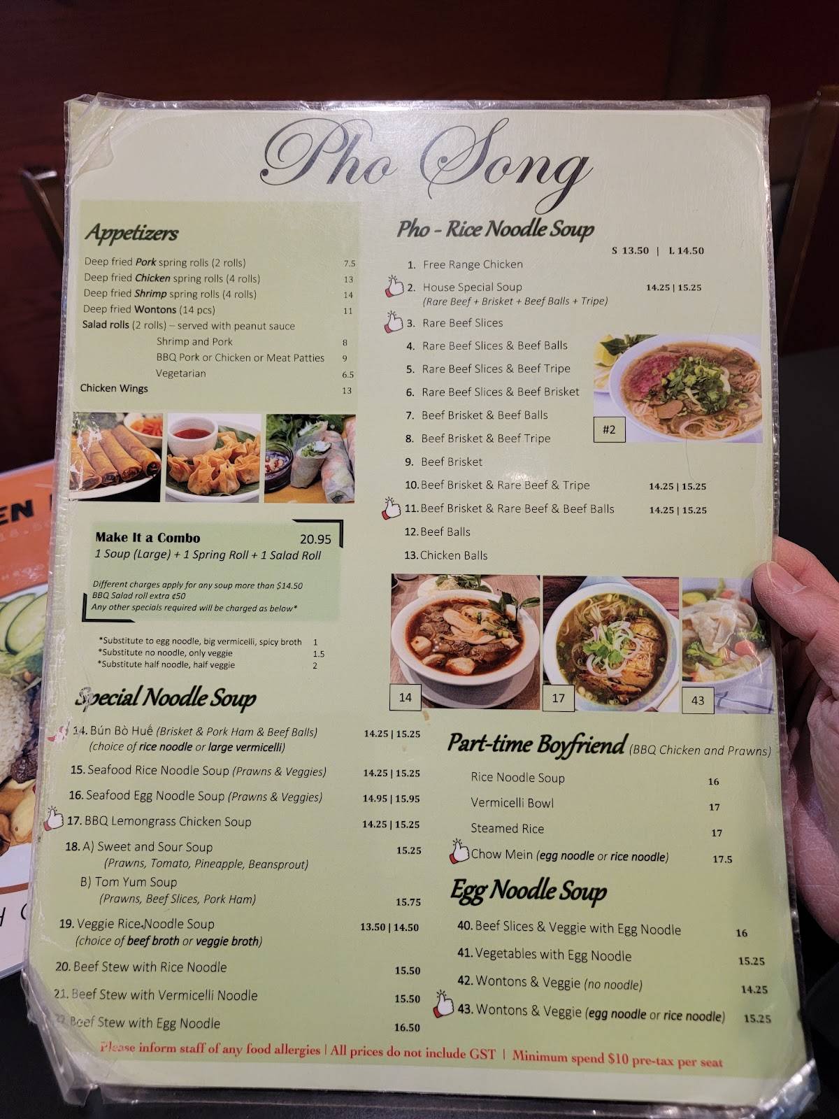 Menu at Pho Song restaurant, Maple Ridge